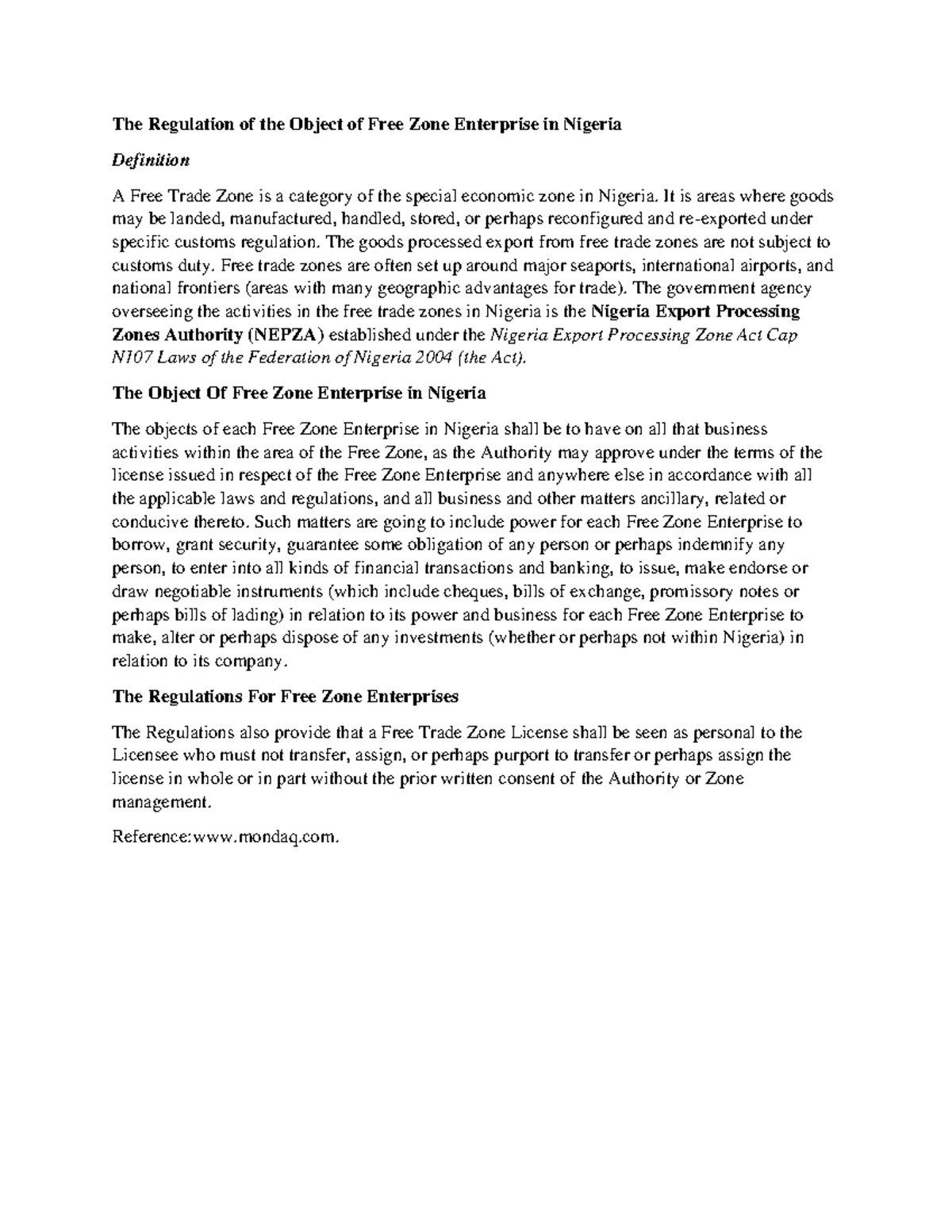 Object of free zone enterprise - The Regulation of the Object of Free ...