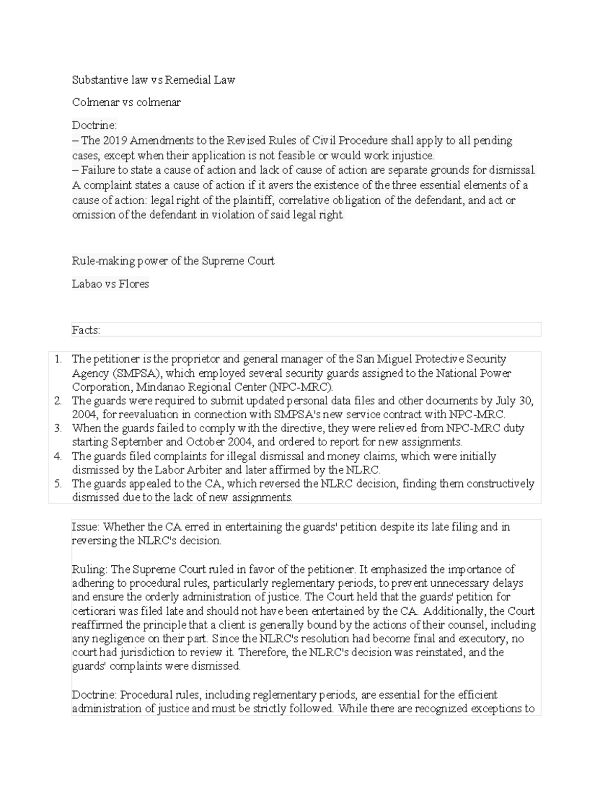 Case Digest - Substantive law vs Remedial Law Colmenar vs colmenar ...