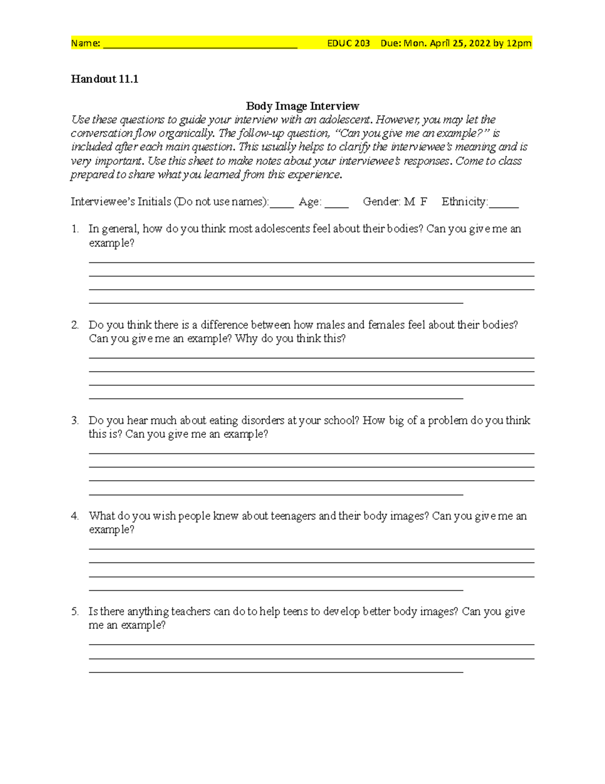 Chapters 11 Handouts 4 - Micro notes - Handout 11. Body Image Interview ...