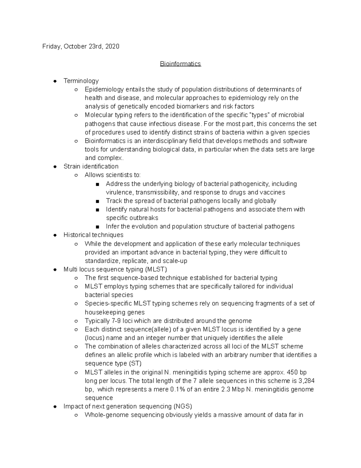 Class Notes Bioinformatics - Friday, October 23rd, 2020 Bioinformatics ...