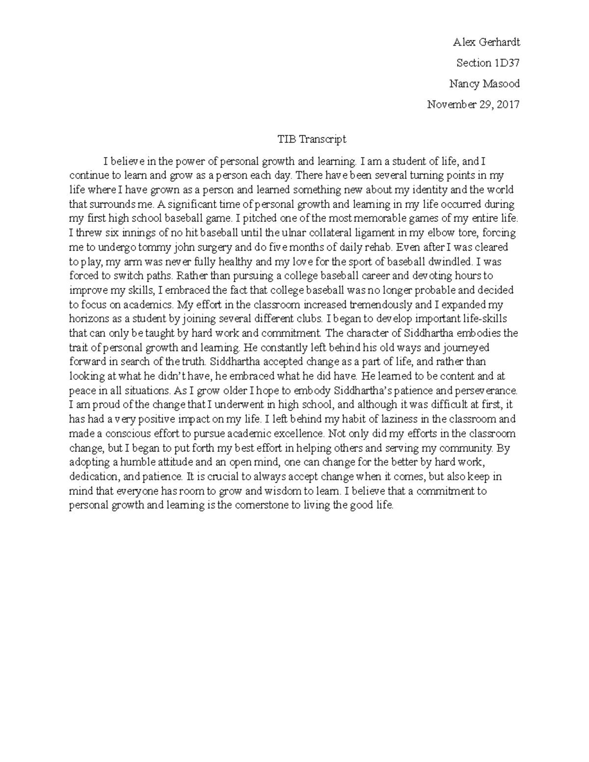 TIB Final Transcript - TIB assignment - Alex Gerhardt Section 1D Nancy ...