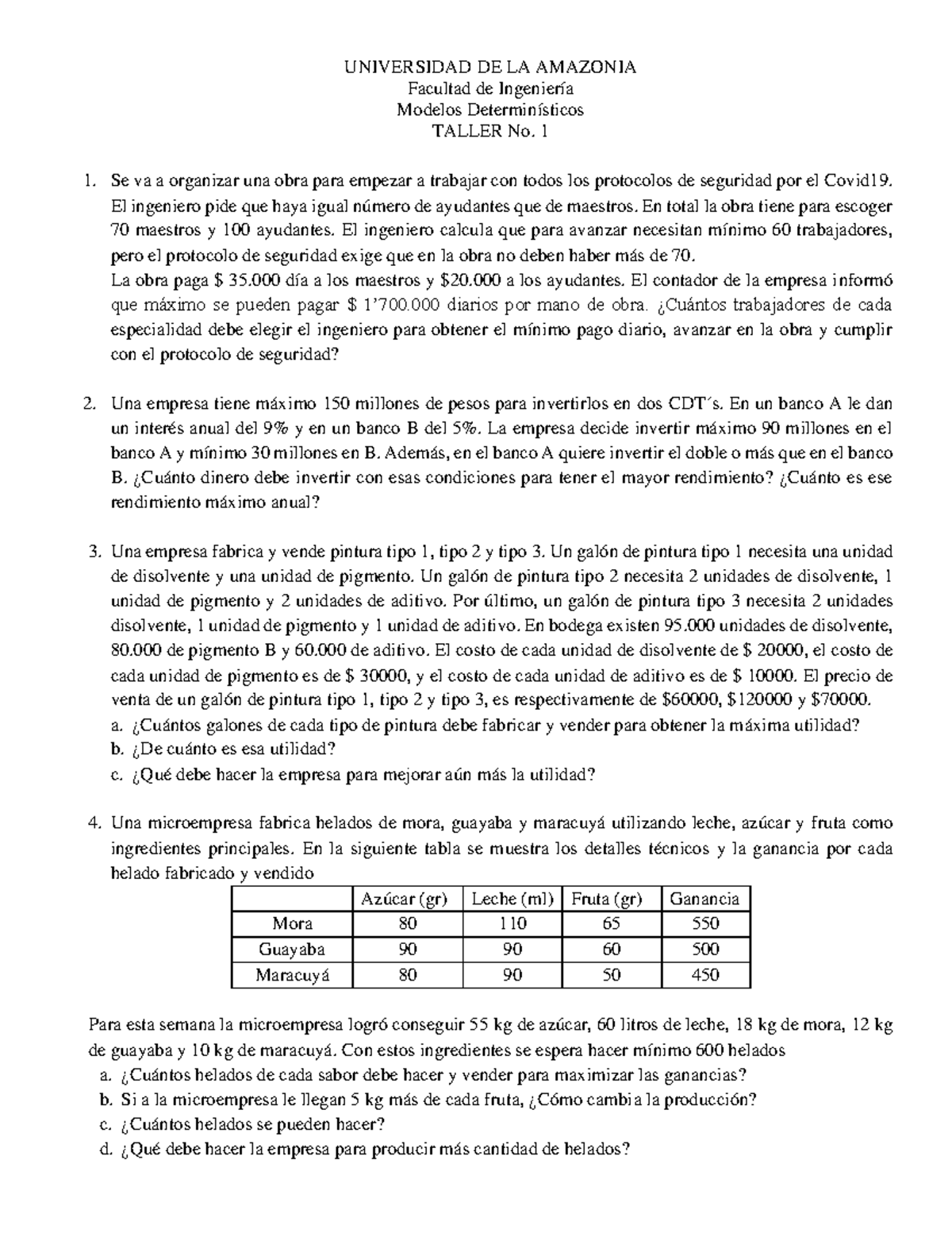 Taller 1 Modelos G2 - ejercicios de programación lineal - UNIVERSIDAD DE LA AMAZONIA Facultad de ...