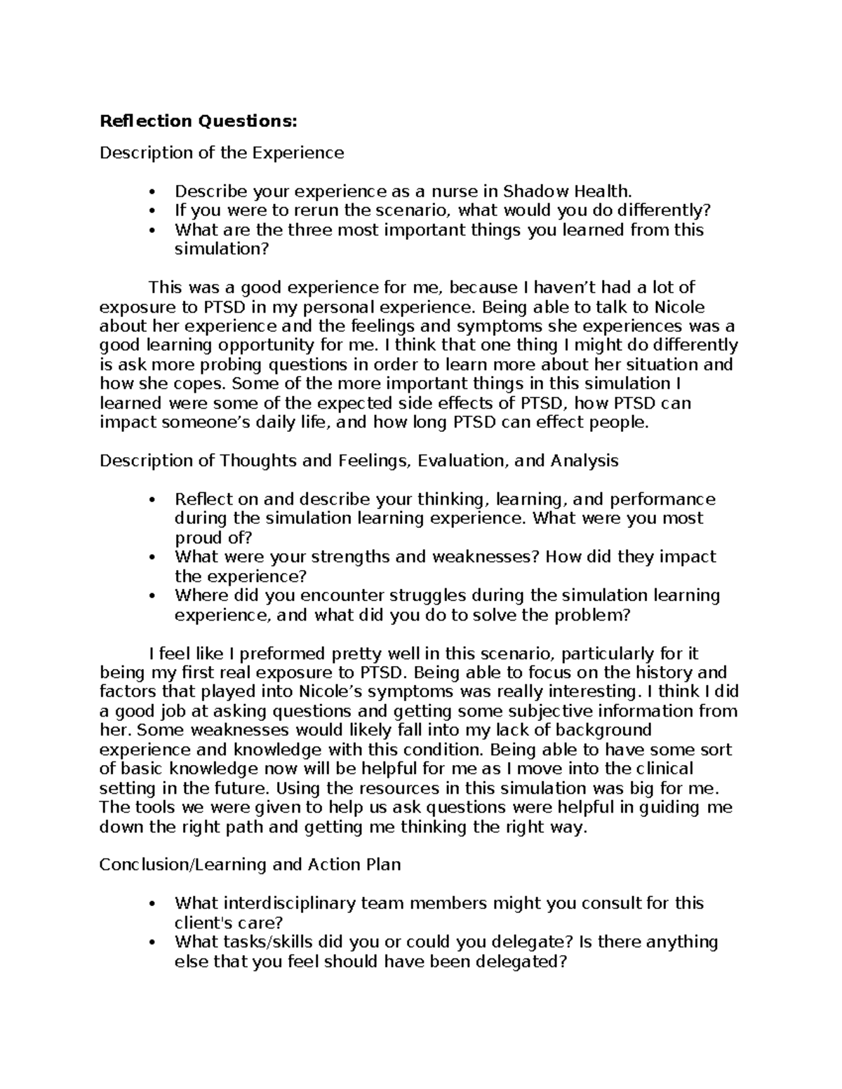 PTSD Reflection Questions - Reflection Questions: Description of the ...