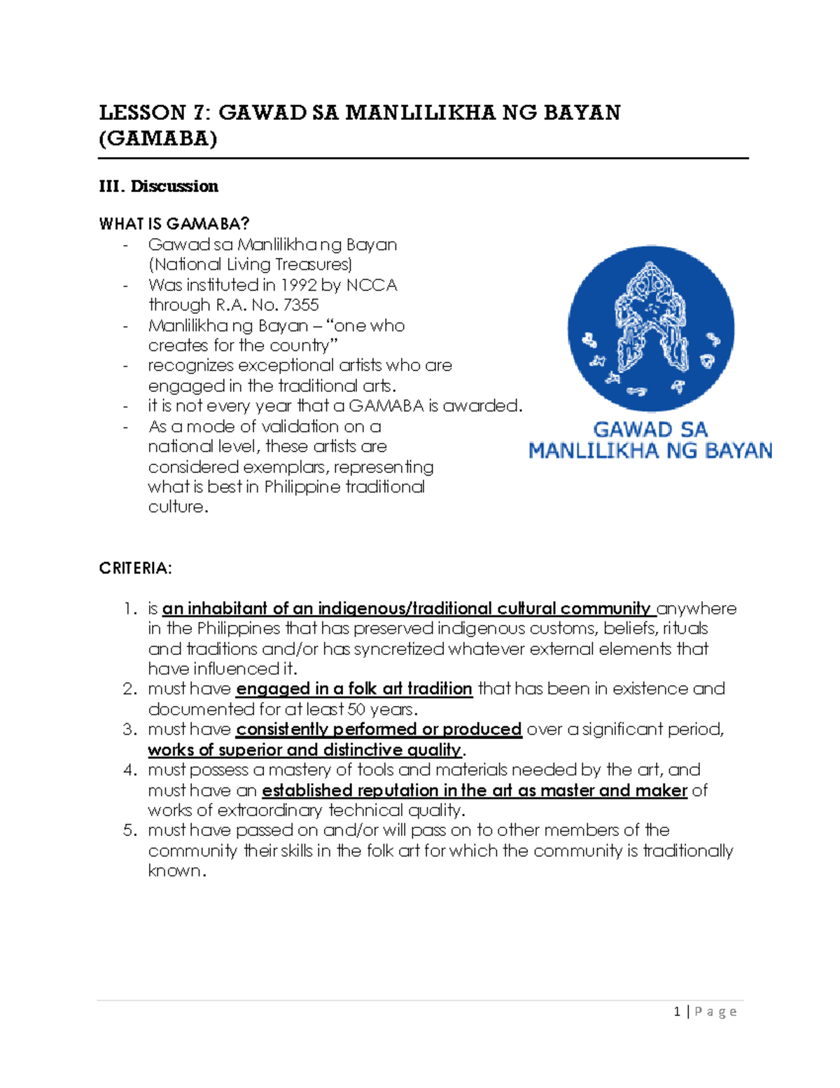 L7 CPAR Handout - GAWAD SA MANLILIKHA NG BAYAN (GAMABA) - LESSON 7 ...