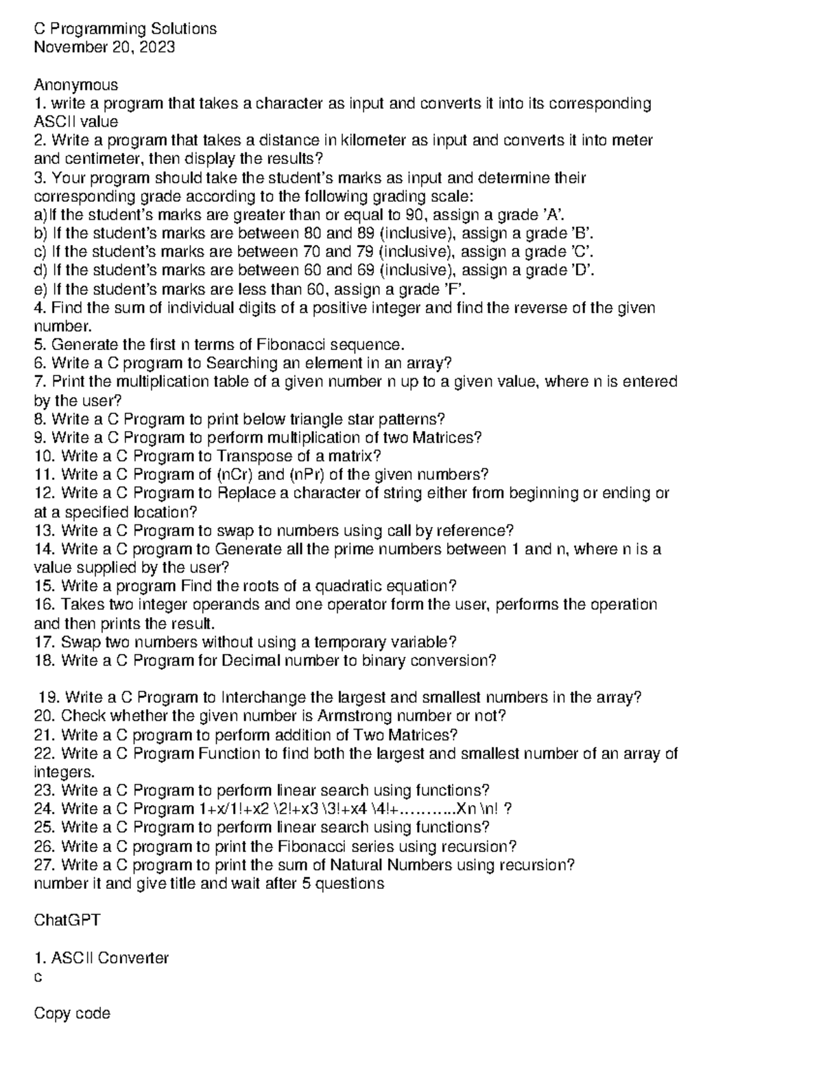 C Answers Of 27 Questions C Programming Solutions November 20 2023 Anonymous Write A Program