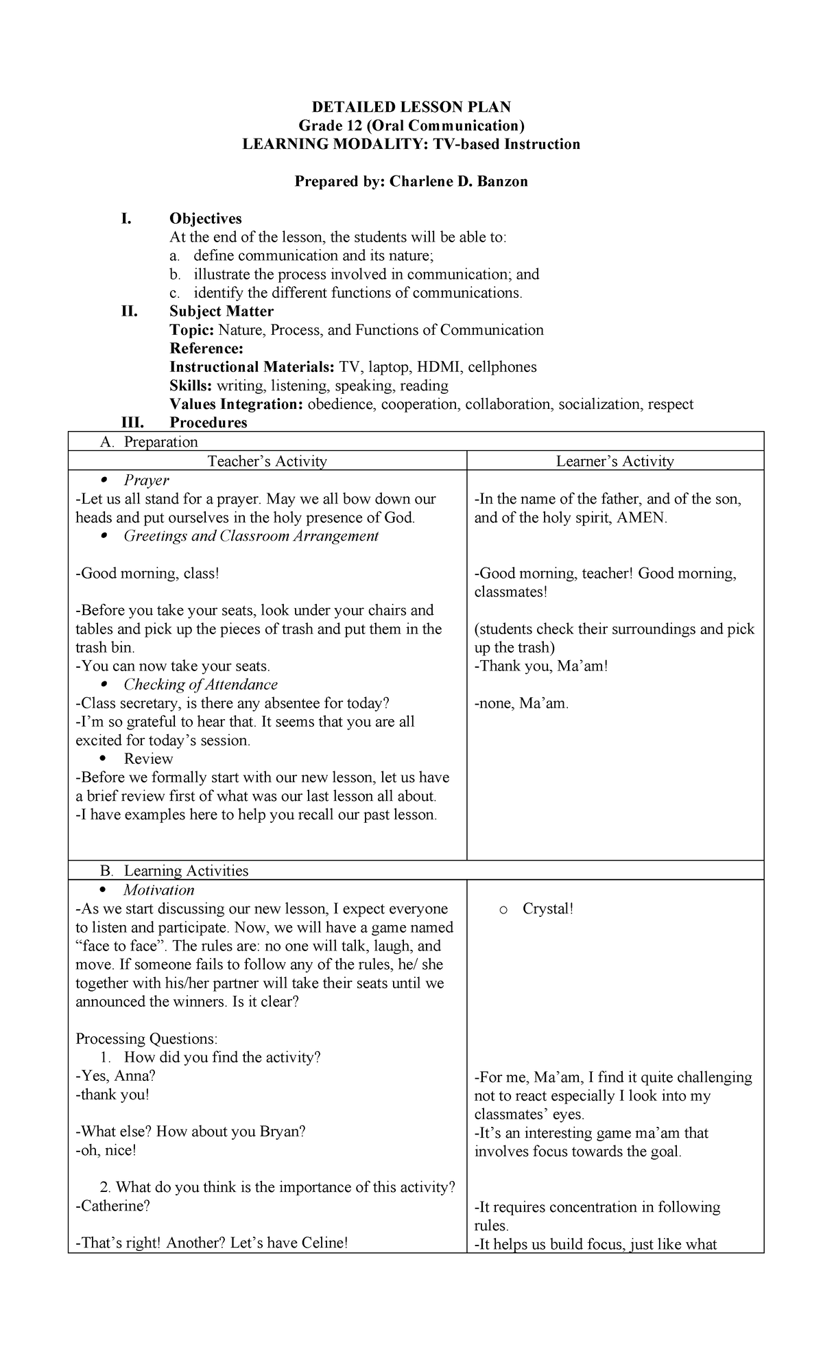 Detailed Lesson PLAN - DETAILED LESSON PLAN Grade 12 (Oral ...