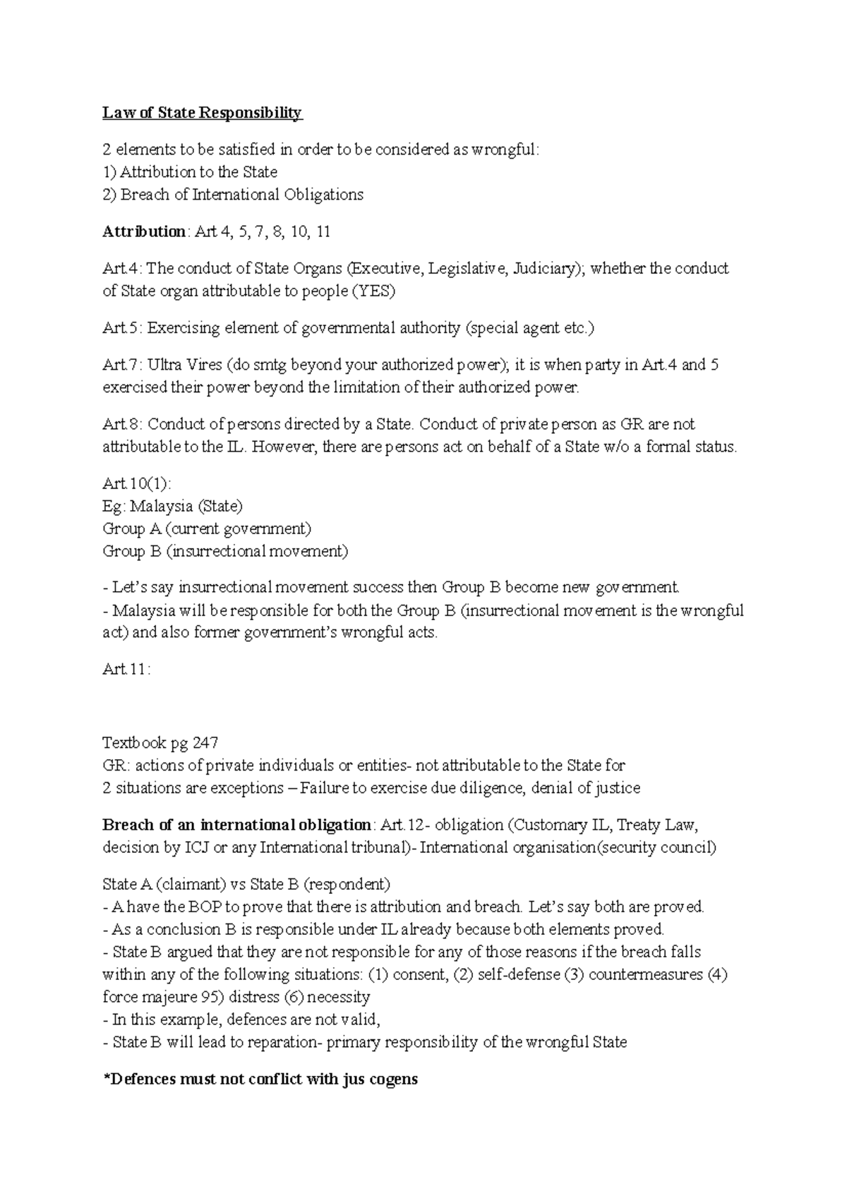 Law of state Responsibility - ) Art: Ultra Vires (do smtg beyond your ...