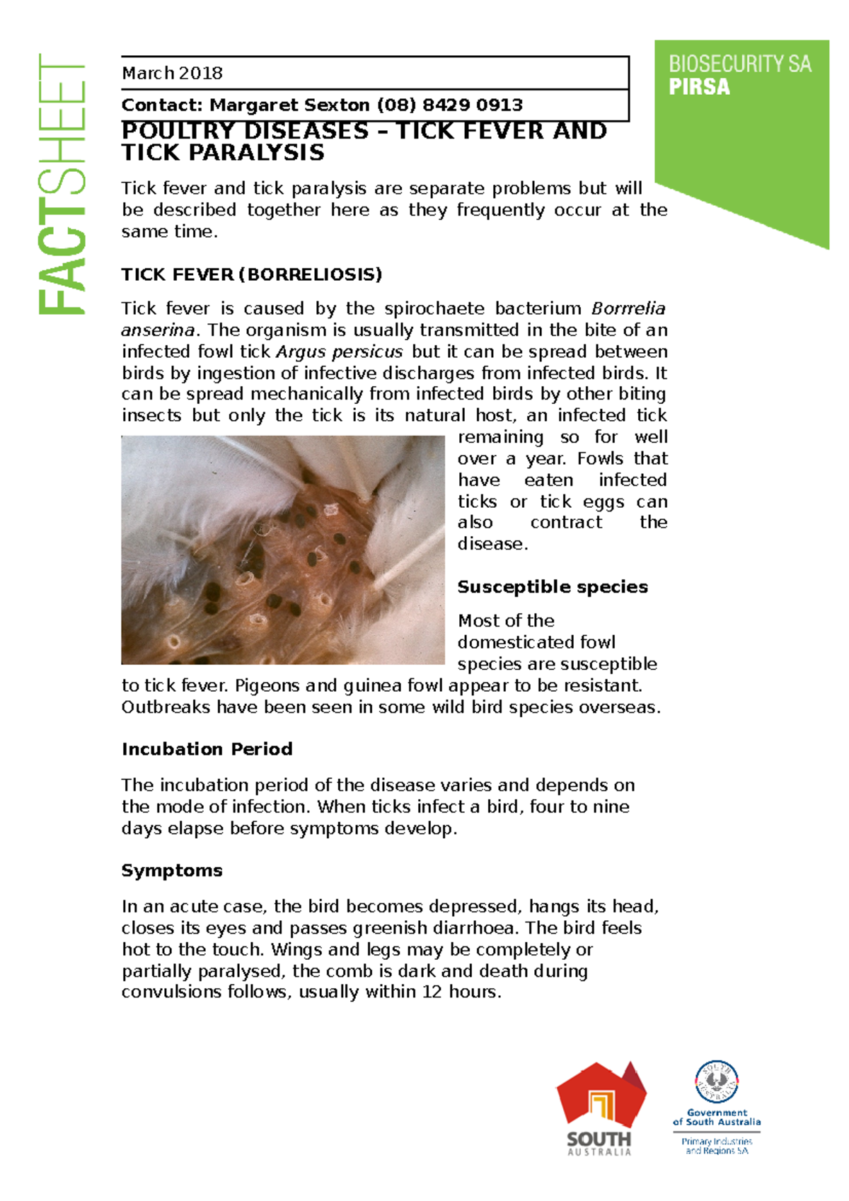Fact sheet - Poultry Diseases - Tick Fever and Tick Paralysis - POULTRY ...