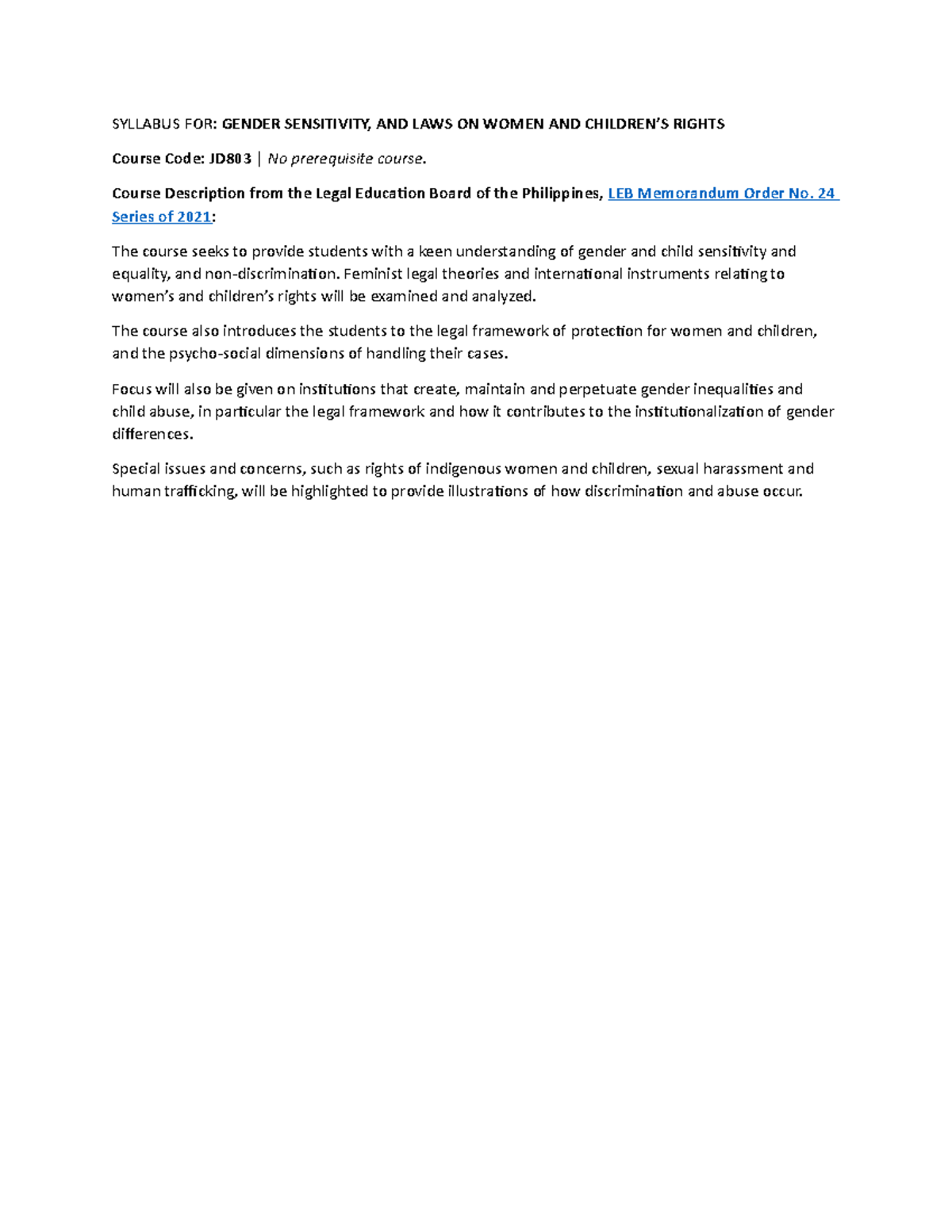 Gender Sensitivity - LAWS ON Women AND Children - Syllabus - SYLLABUS ...