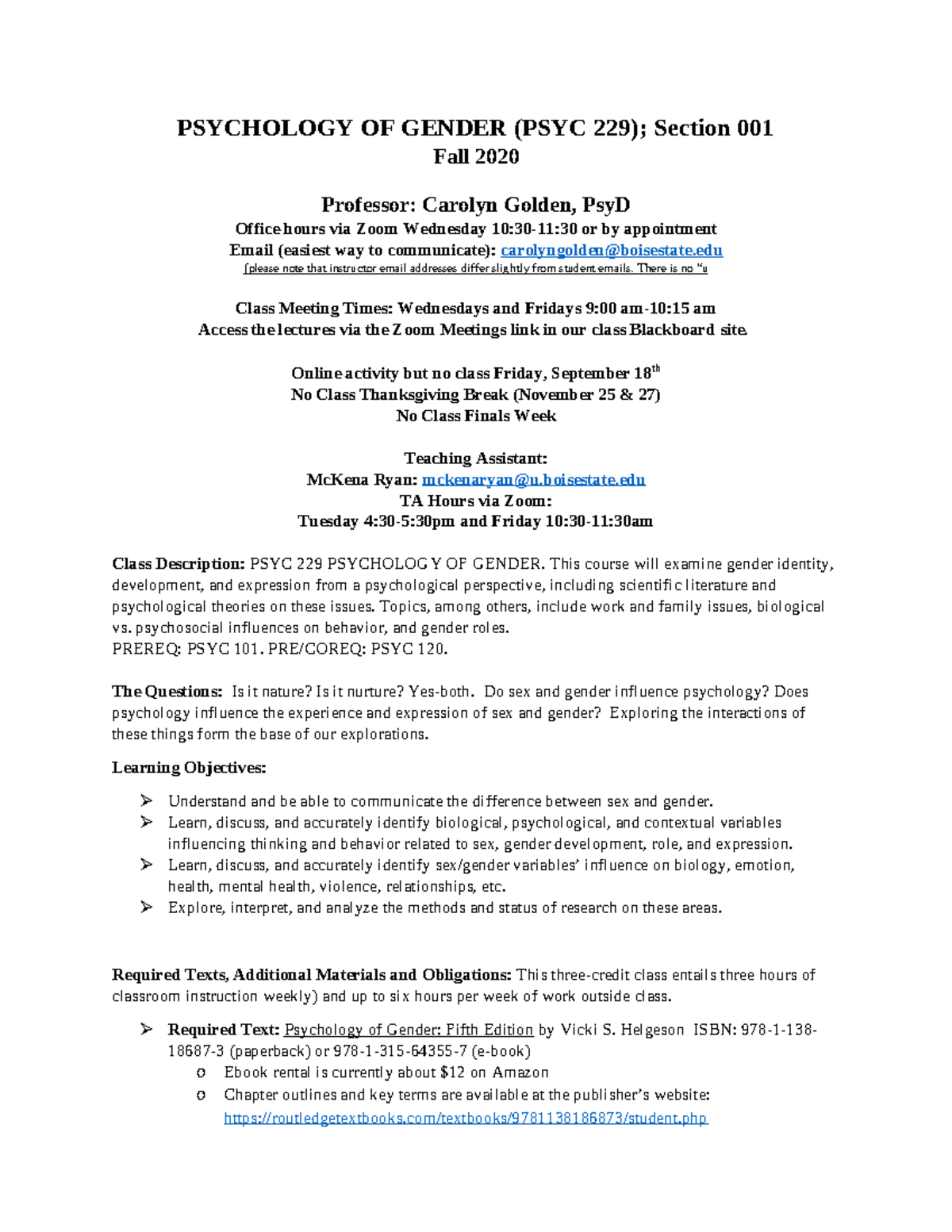 Psych of Gender 2020 Syllabus Final for - PSYCHOLOGY OF GENDER (PSYC ...