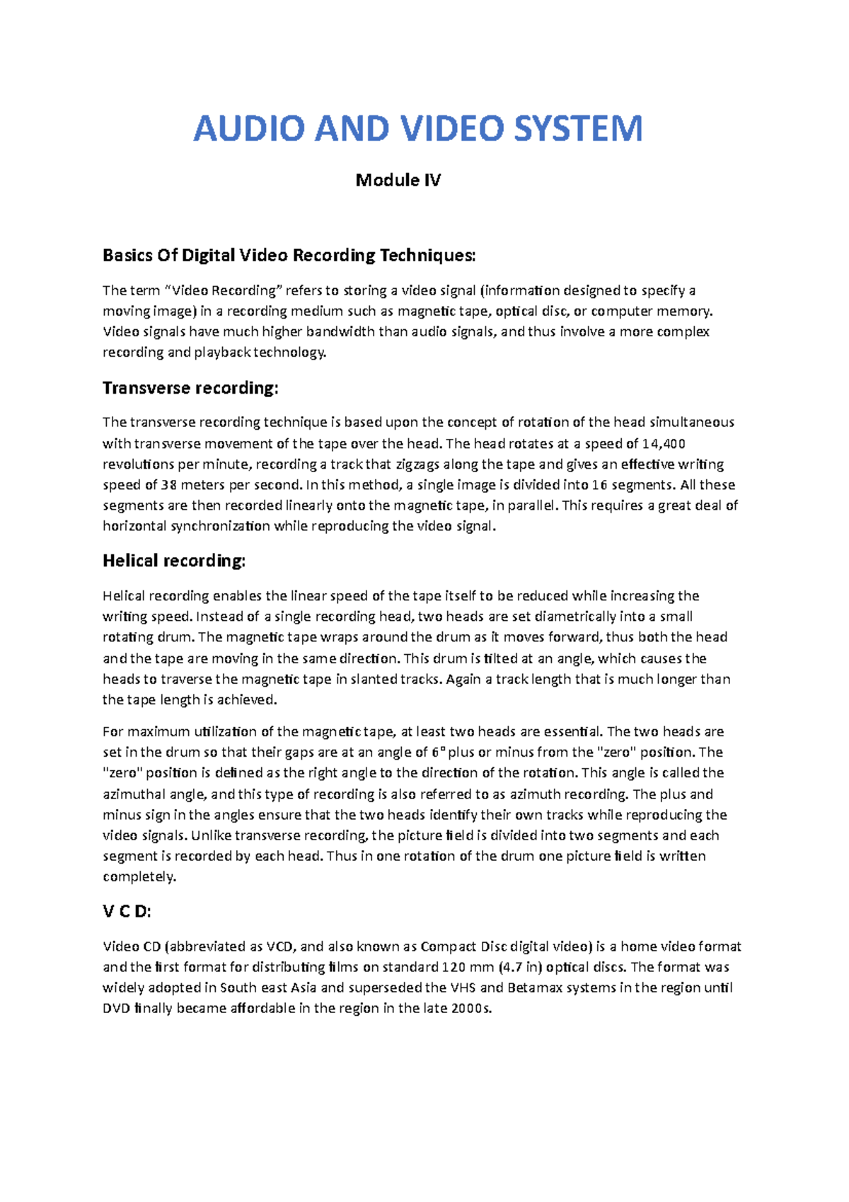 Avs4 - Lecture note of Fourth semester avs module 4 - AUDIO AND VIDEO ...