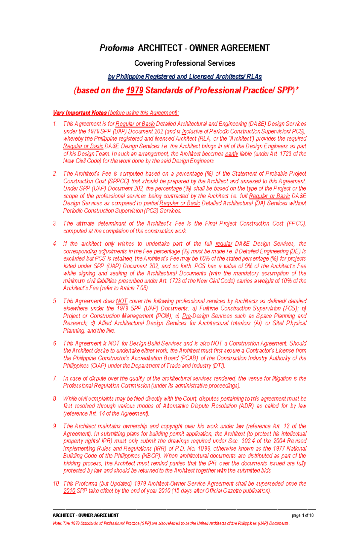 237700391 Owner Architect Agreement SPP UAP Document - ARCHITECT - OWNER AGREEMENT page 1 of 10 ...