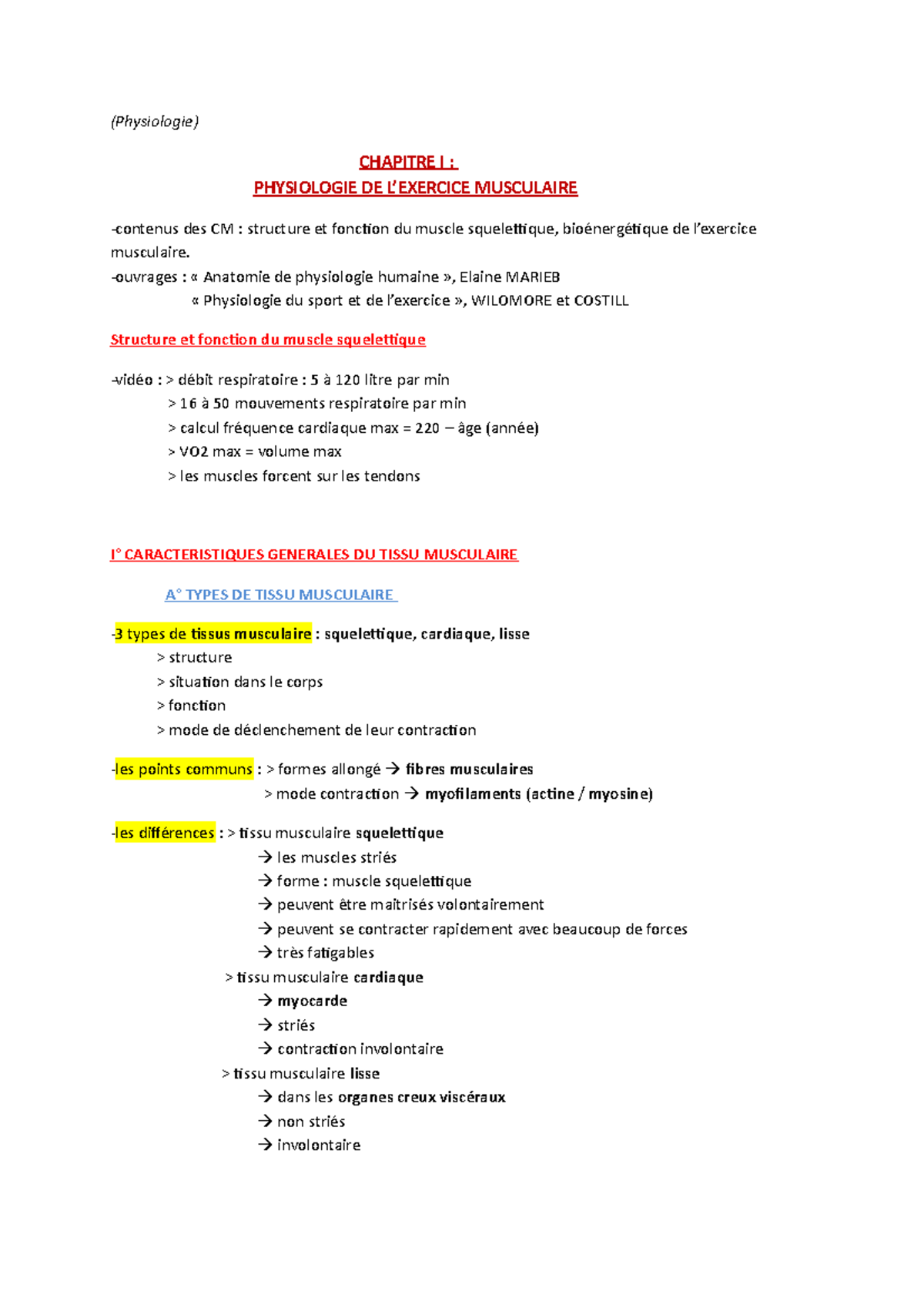 CM 1 Physiologie - CM1 Physio L1 - (Physiologie) CHAPITRE I : PHYSIOLOGIE DE L’EXERCICE ...