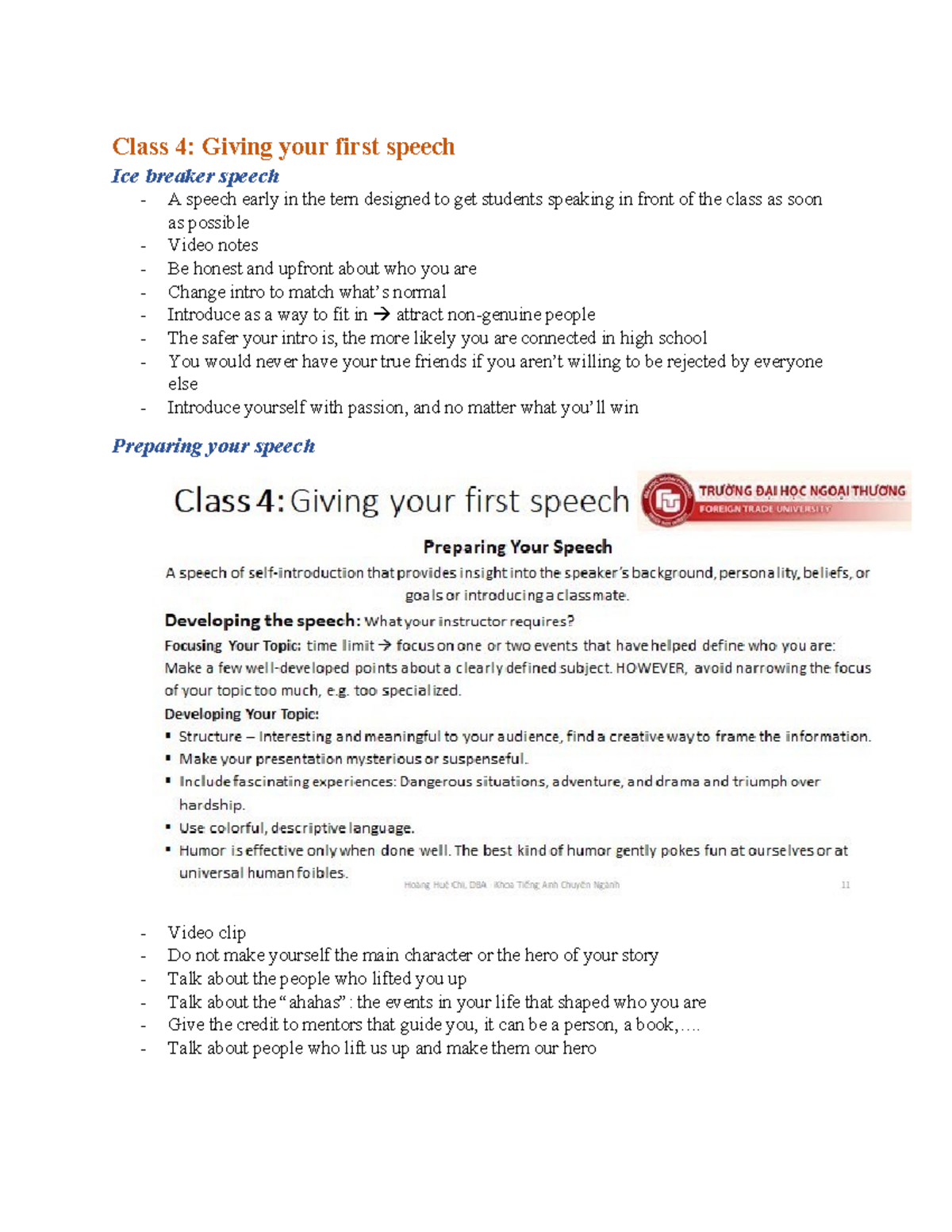 TACN5 notes cô Huệ Chi - Class 4: Giving your first speech Ice breaker ...