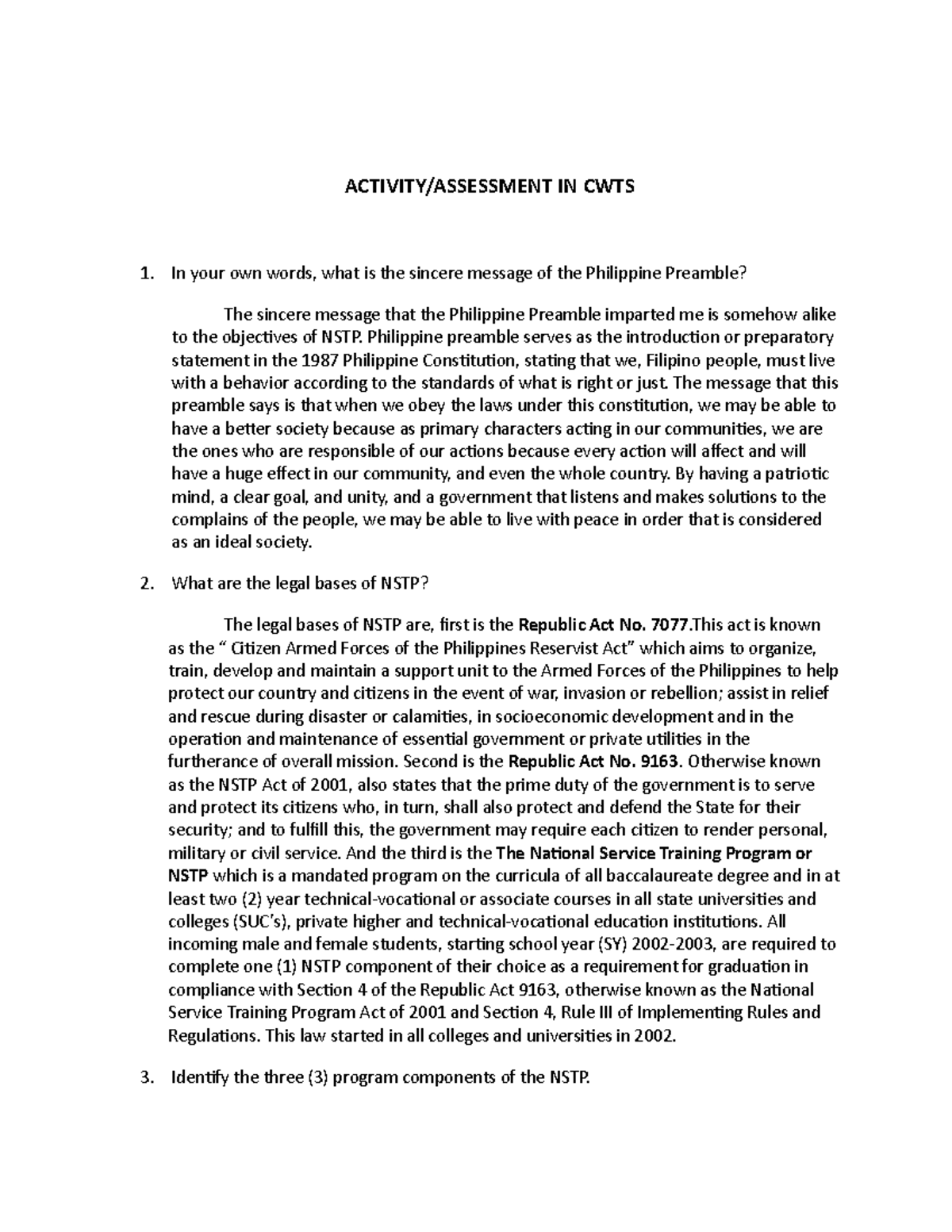 CWTS - ph presumption - ACTIVITY/ASSESSMENT IN CWTS In your own words ...