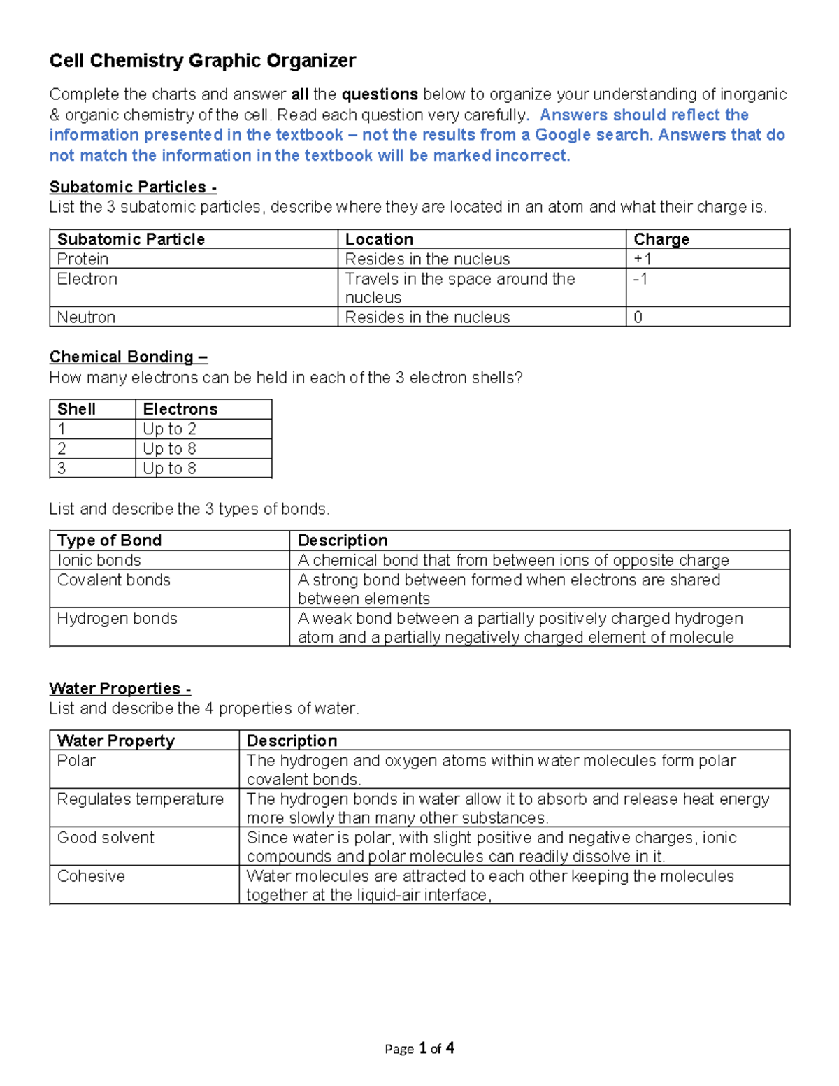 Cell Chemistry Graphic Organizer - Cell Chemistry Graphic Organizer ...