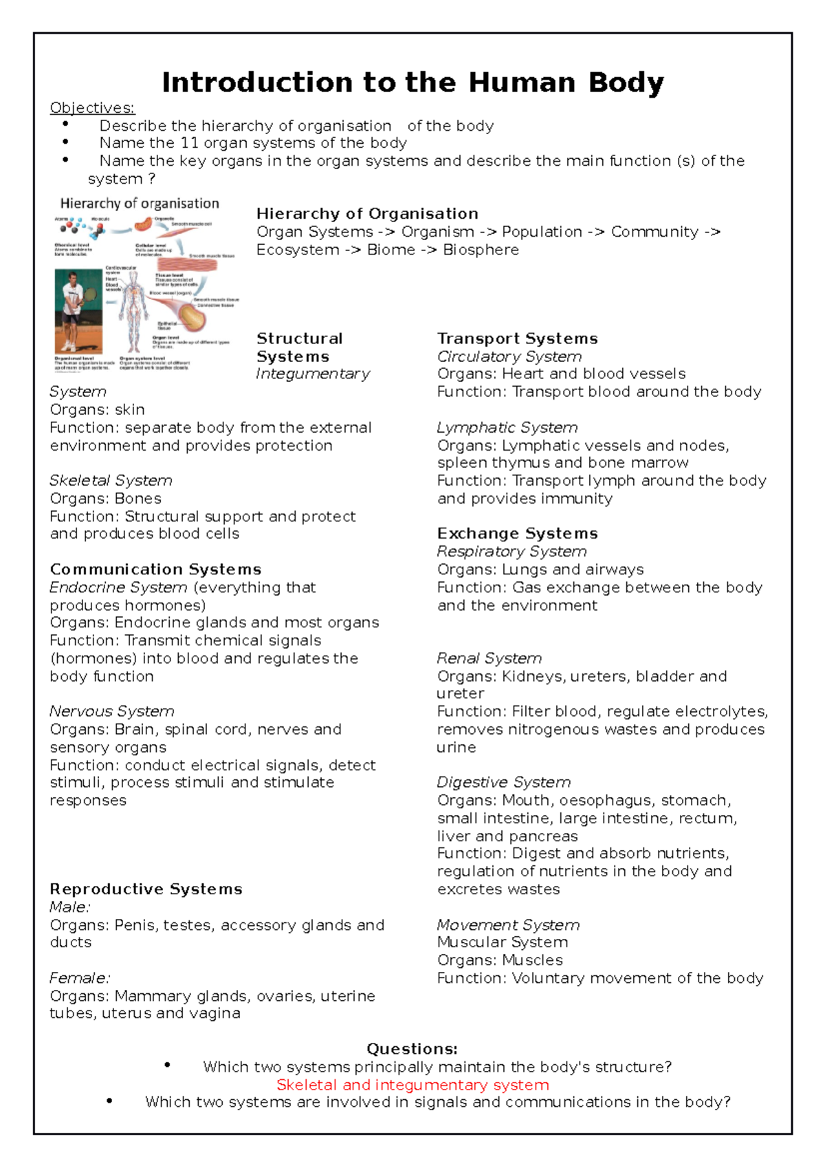 BM1011 lecture notes - Introduction to the Human Body Objectives ...