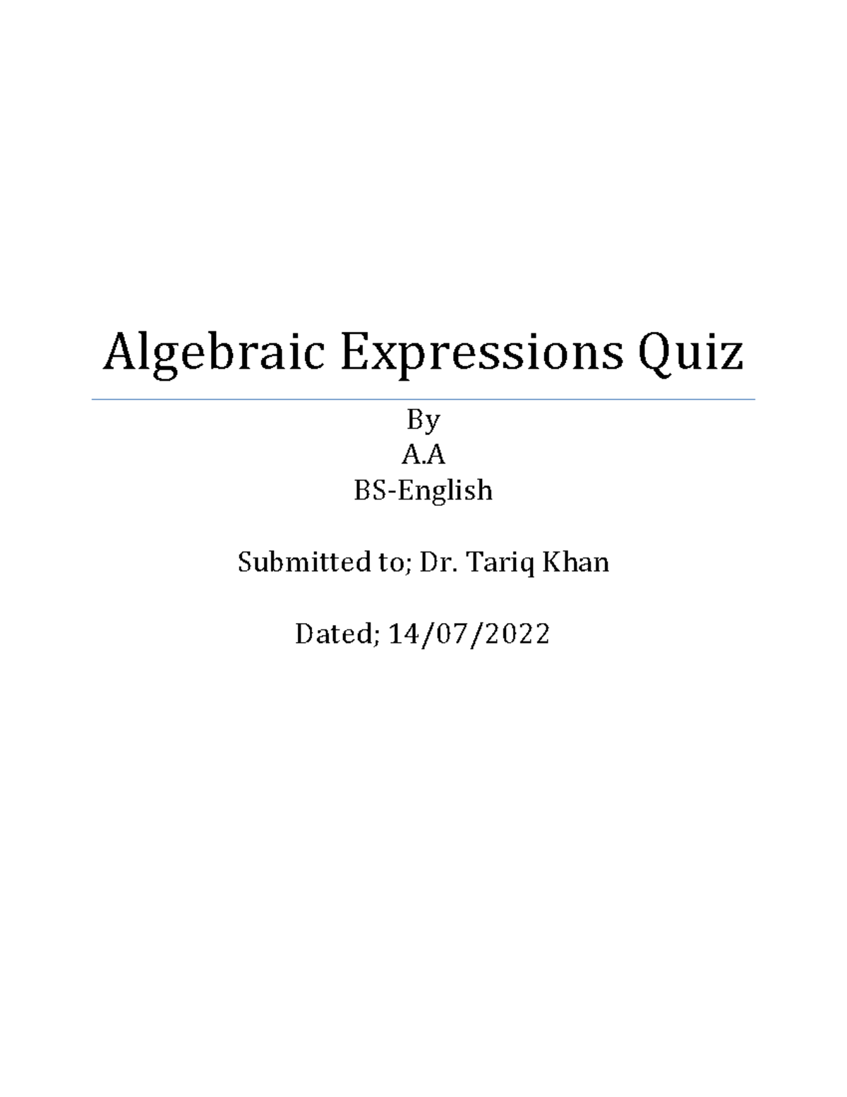 Quiz on Algebraic Expressions - Algebraic Expressions Quiz By A BS ...
