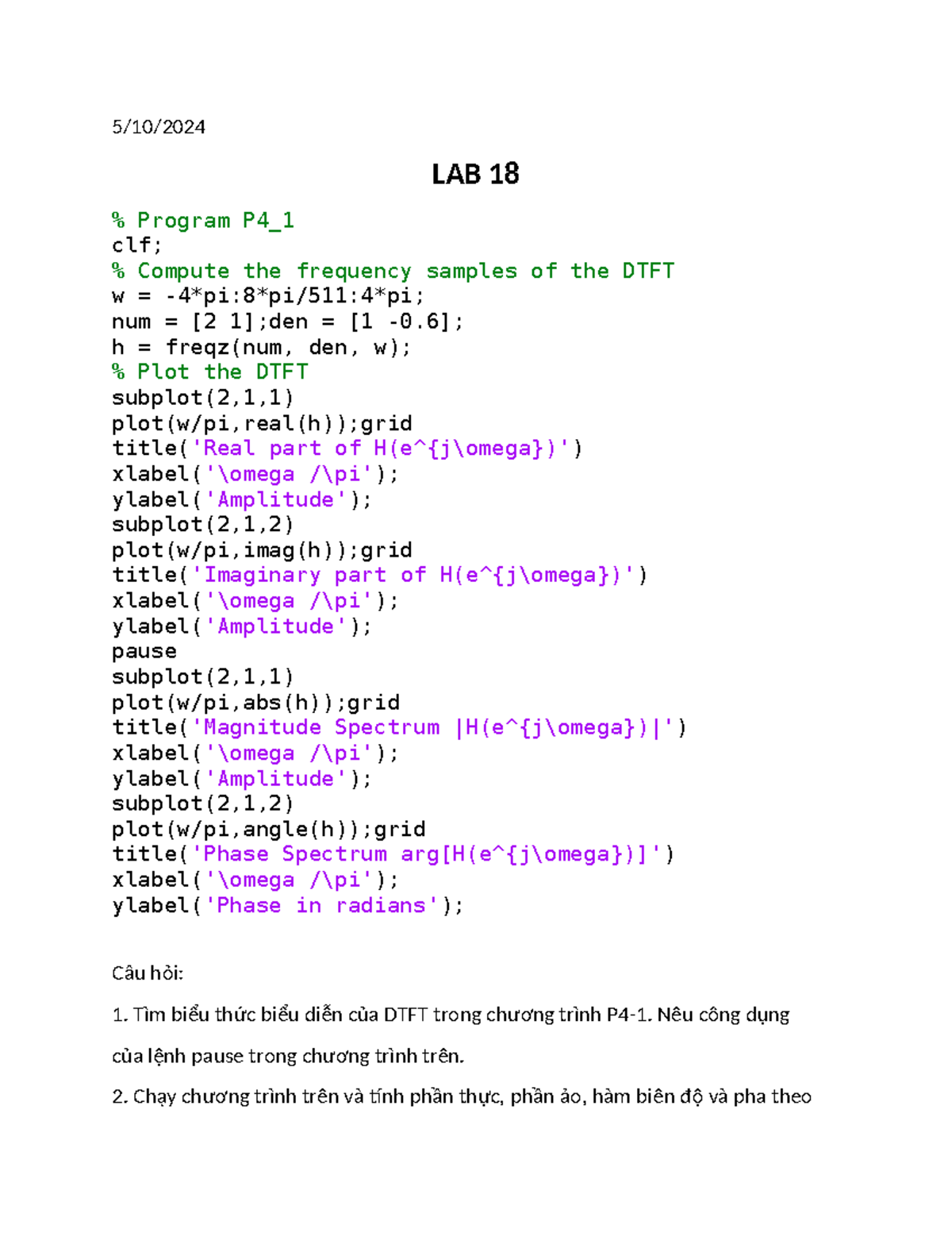 BC4 - aaaaa - 5/10/ LAB 18 % Program P4_ clf; % Compute the frequency samples of the DTFT w ...