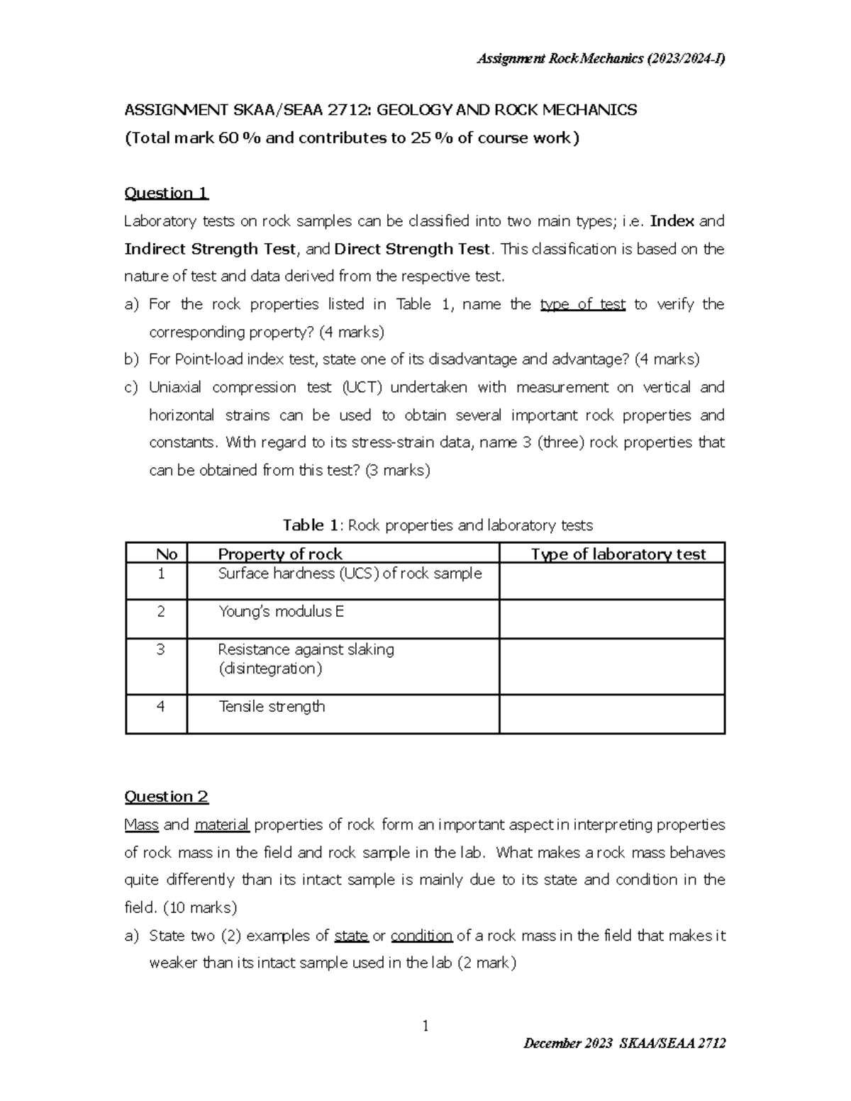 Assignment Rock Mech - for references - ASSIGNMENT SKAA/SEAA 2712 ...