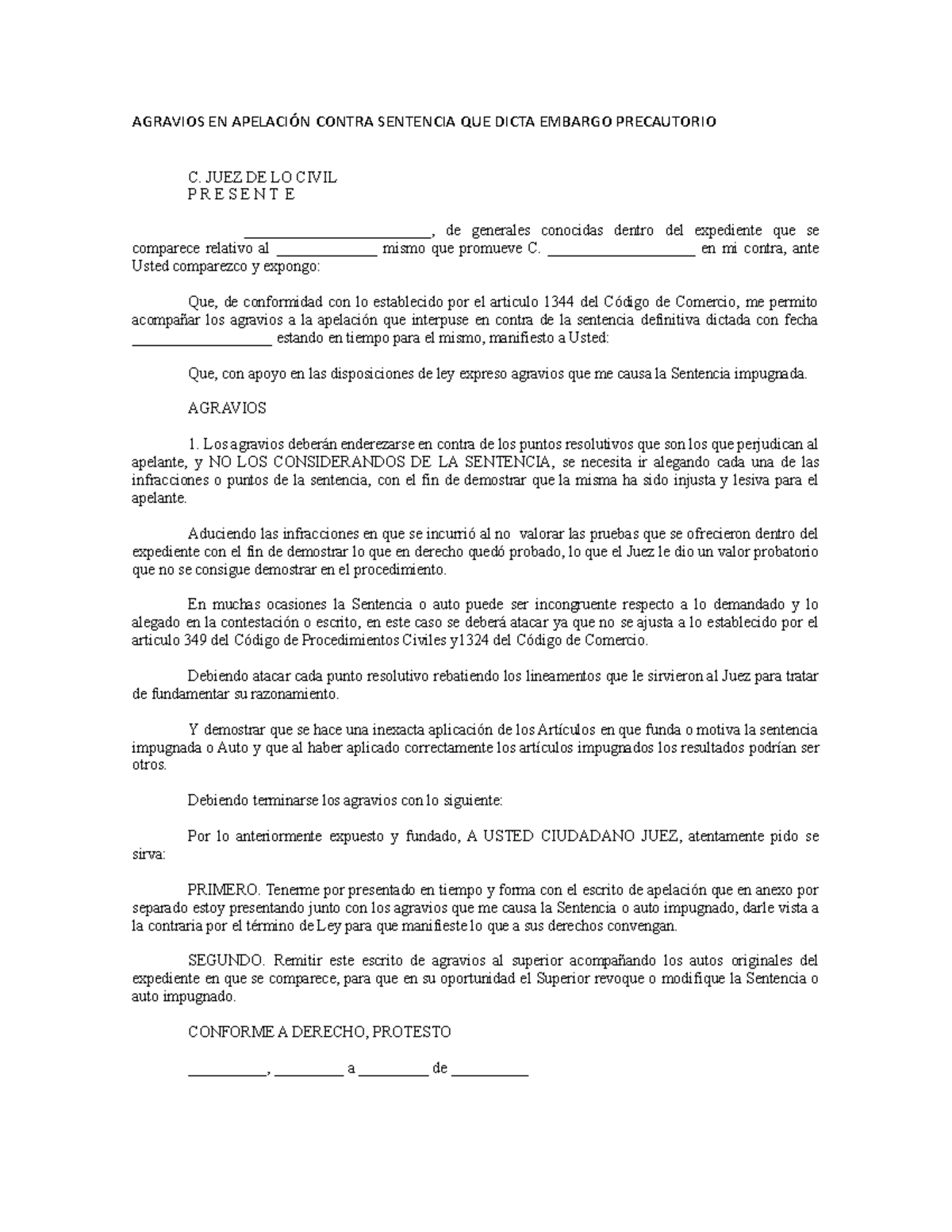 Agravios en Apelación Contra Sentencia Que Dicta Embargo Precautorio - AGRAVIOS EN APELACIÓN ...