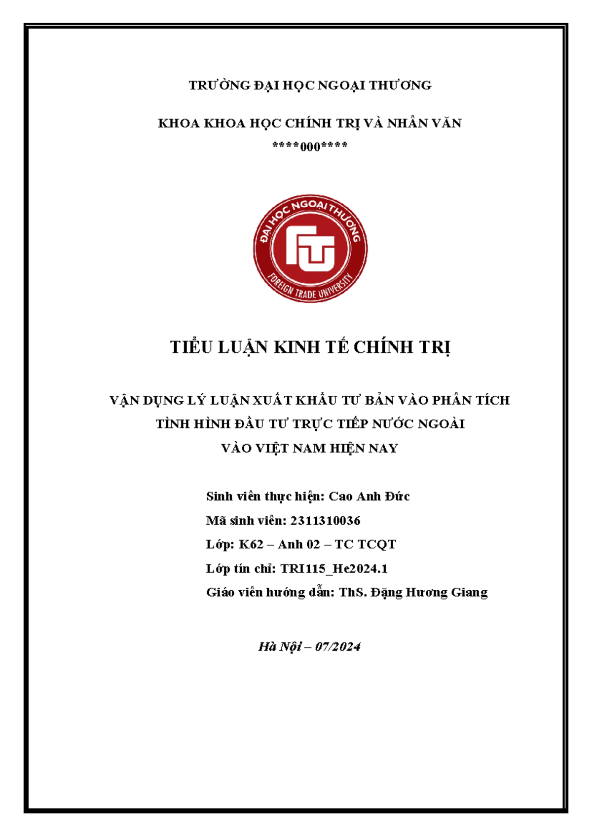 TIỂU-LUẬN-KTCT-2024-2025-KHO - TRƯỜNG ĐẠI HỌC NGOẠI THƯƠNG KHOA KHOA HỌC CHÍNH TRỊ VÀ NHÂN VĂN ...