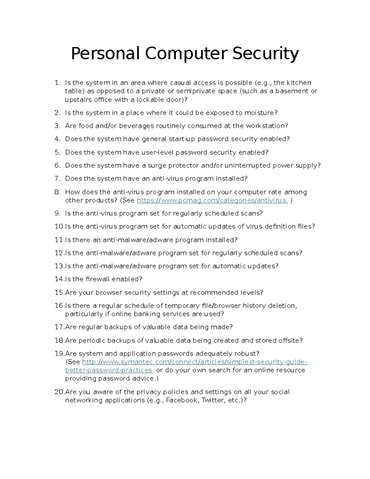Personal Computer Security - , the kitchen table) as opposed to a ...