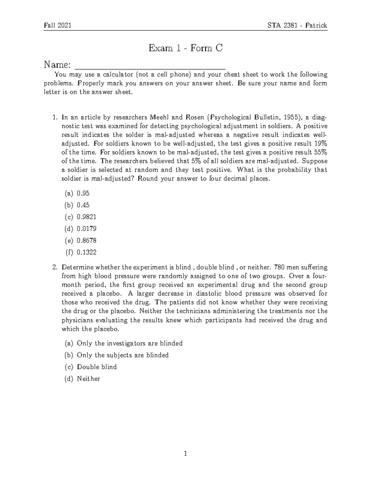 Exam 1 form c - practice - Exam 1 - Form C Name: i You may use a calculator (not a cell phone ...
