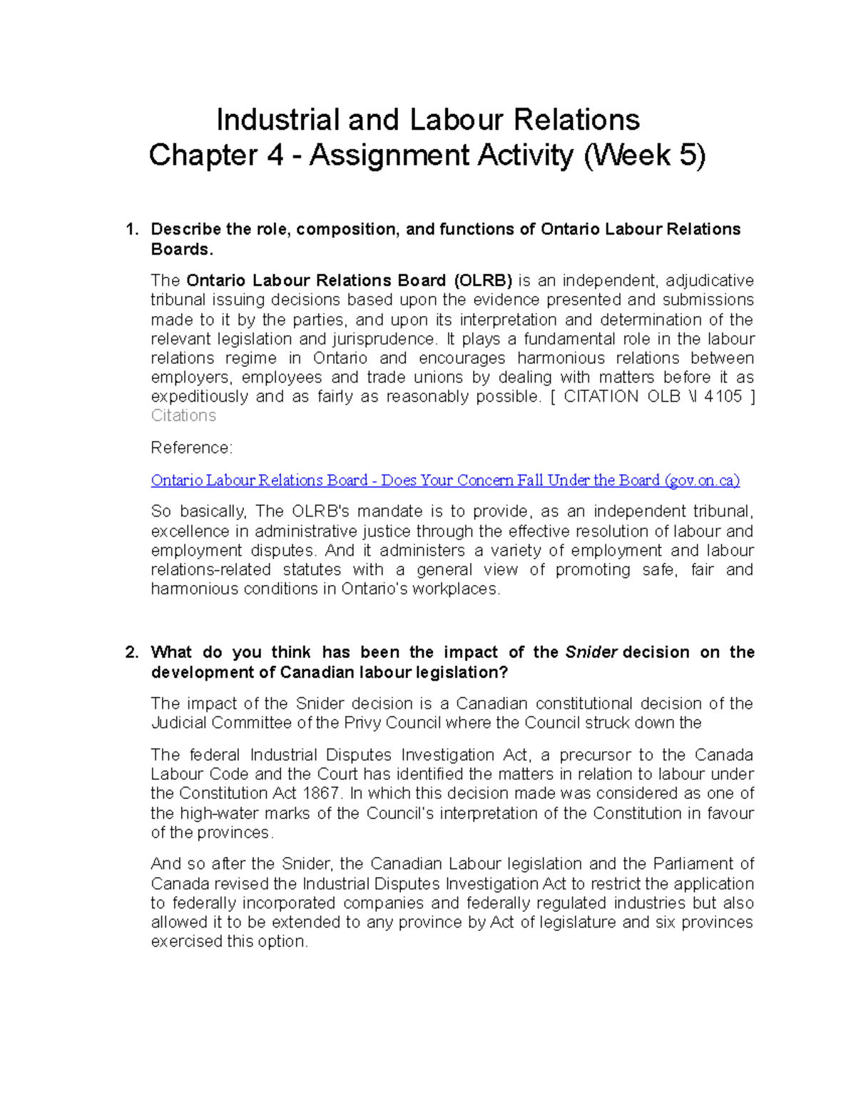 Industrial and Labour Relations - Week 5 Activity - Industrial and ...