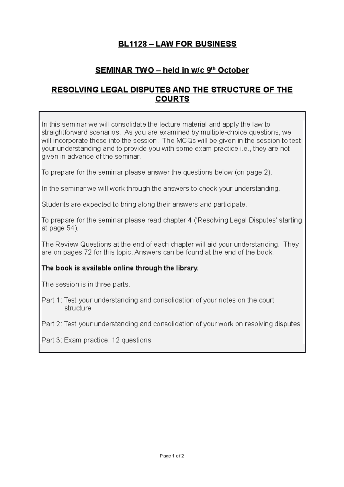 2. Week 2 Tutorial - ELS - Resolving Legal Disputes. Court Structure ...