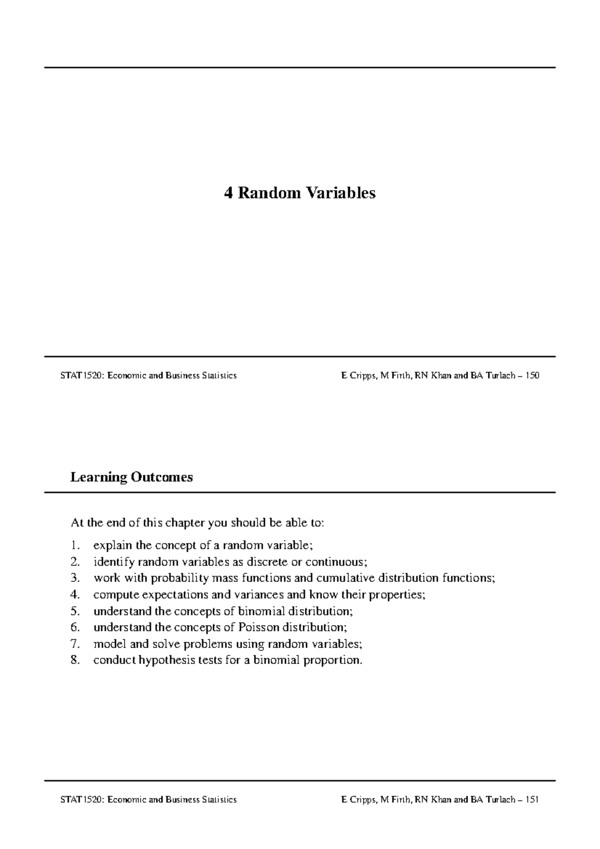 13694277 - lecture 1 - 4 Random Variables STAT1520: Economic and Business Statistics E Cripps, M ...