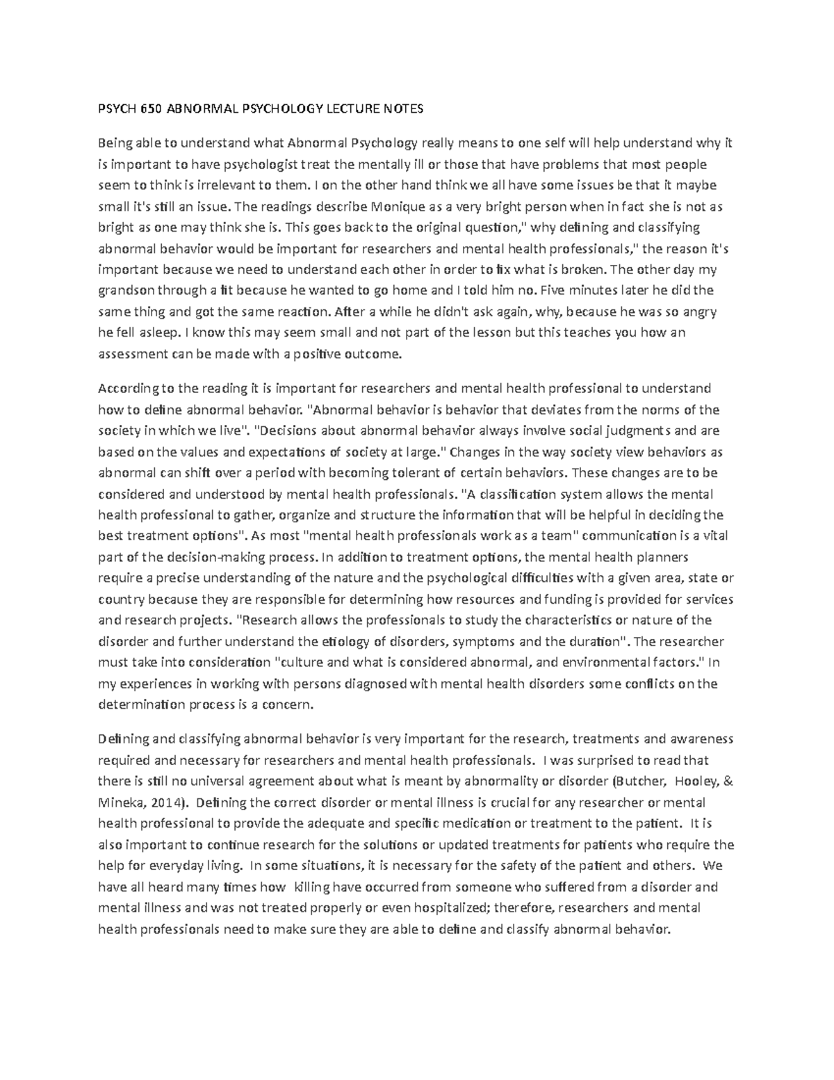 PSYCH 650 Abnormal Psychology Lecture Notes - PSYCH 650 ABNORMAL ...