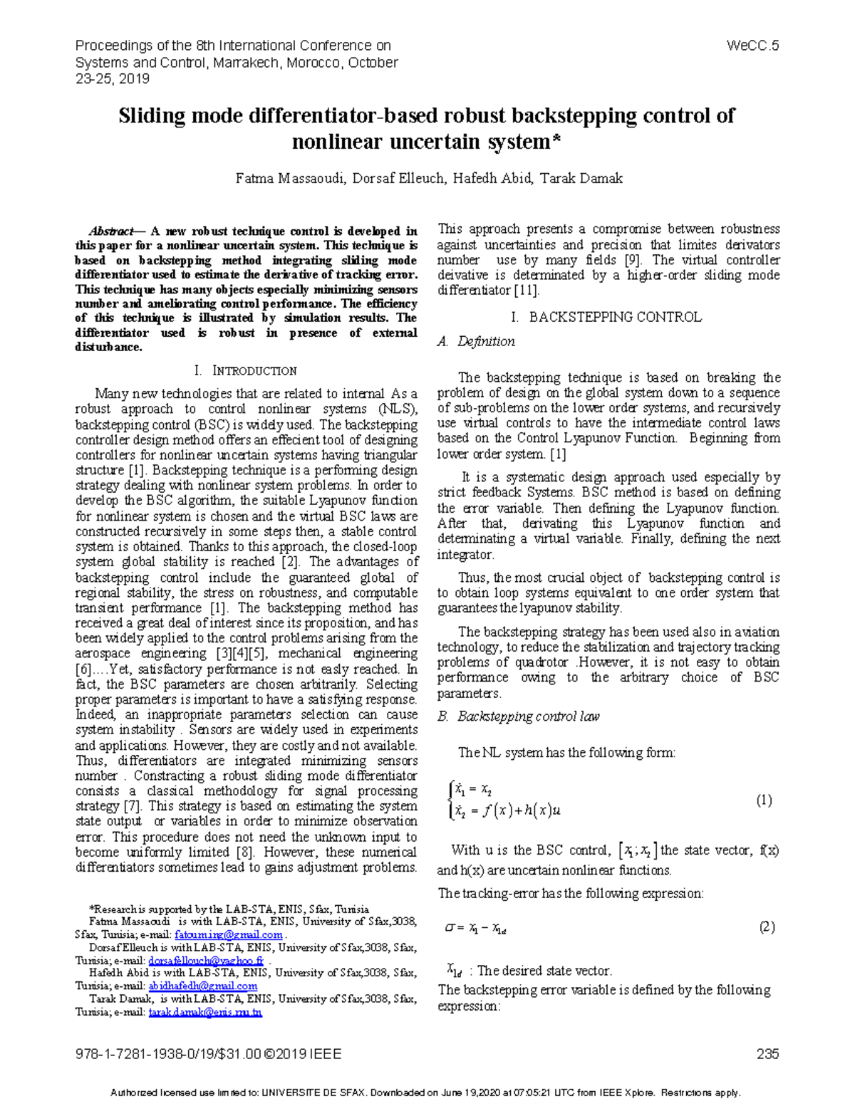 Icsc-2019 - A new robust technique control is developed in this paper for a nonlinear uncertain ...