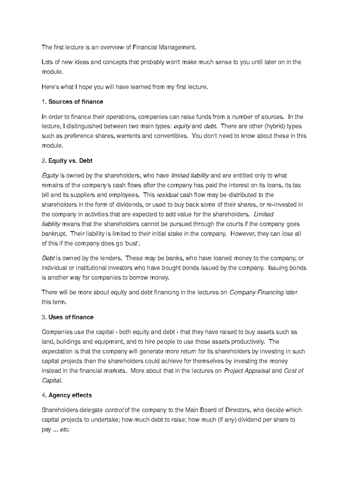 Financial management summarise of all lectures - The first lecture is ...