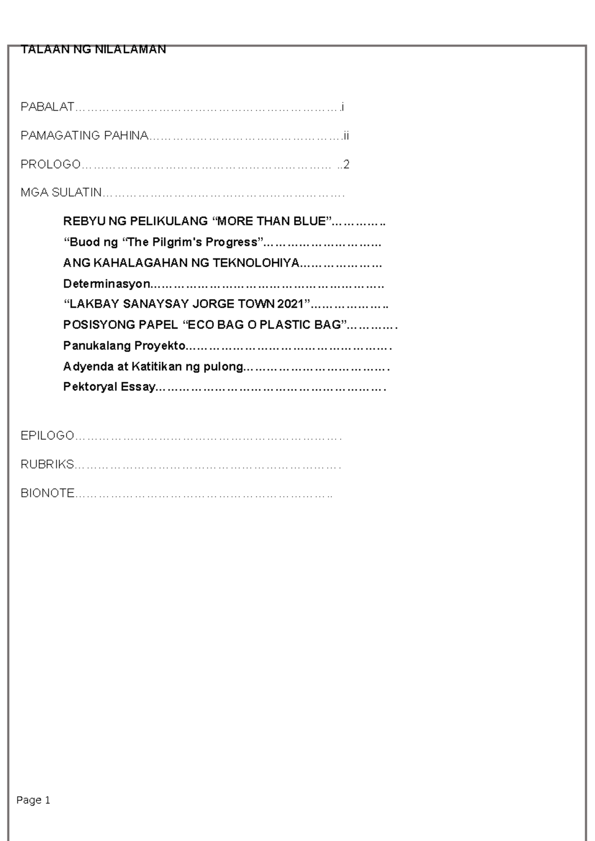PILING LARANG PORTFOLIO - TALAAN NG NILALAMAN - Studocu