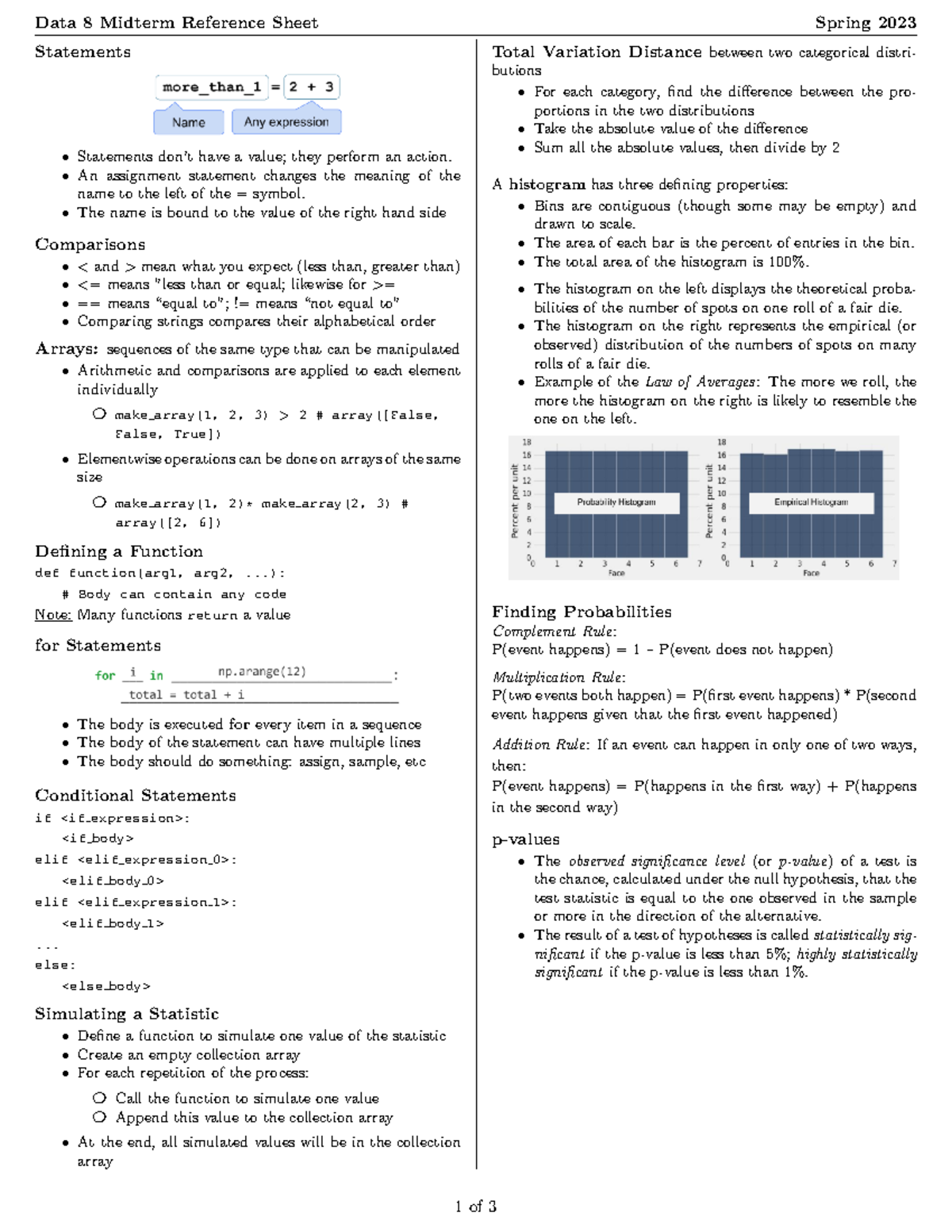 Data8 Midterm Reference Sp23 - Data 8 Midterm Reference Sheet Spring 2023 Statements ...