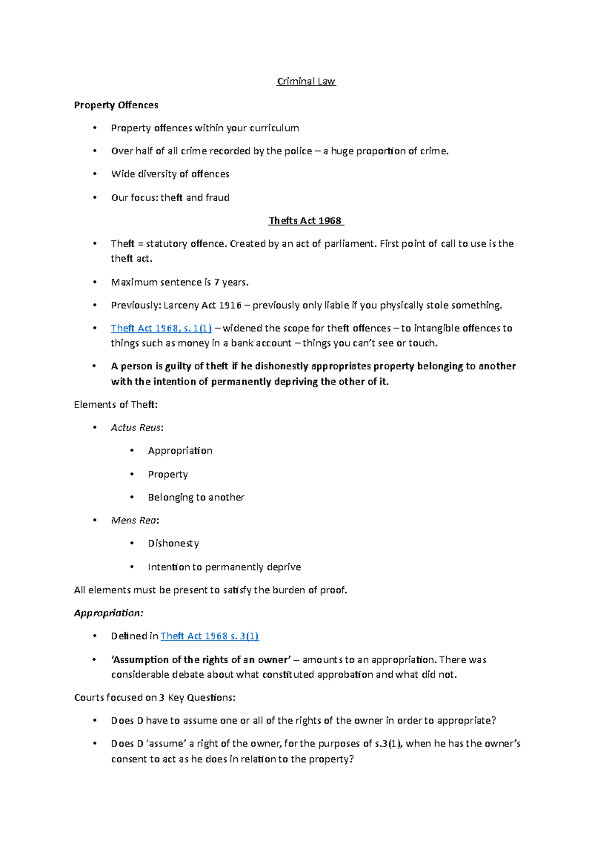 Theft Act 1968 - Lecture notes ALL - Criminal Law Property Offences ...