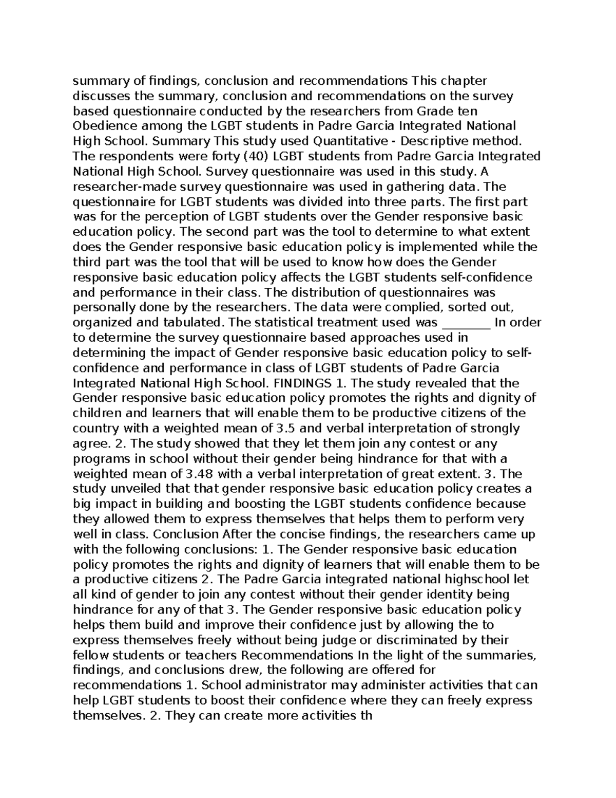 Chptr 5 - reference - summary of findings, conclusion and recommendations This chapter discusses ...