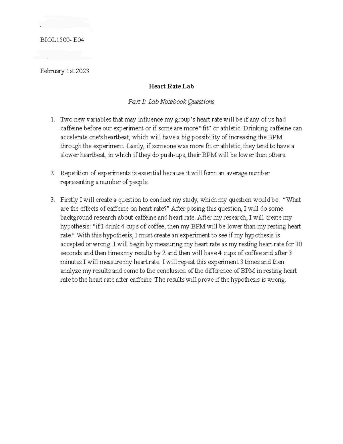 Heart rate lab BIOL1500 - Isabela Cifuentes BIOL1500- E Krystal Renta ...