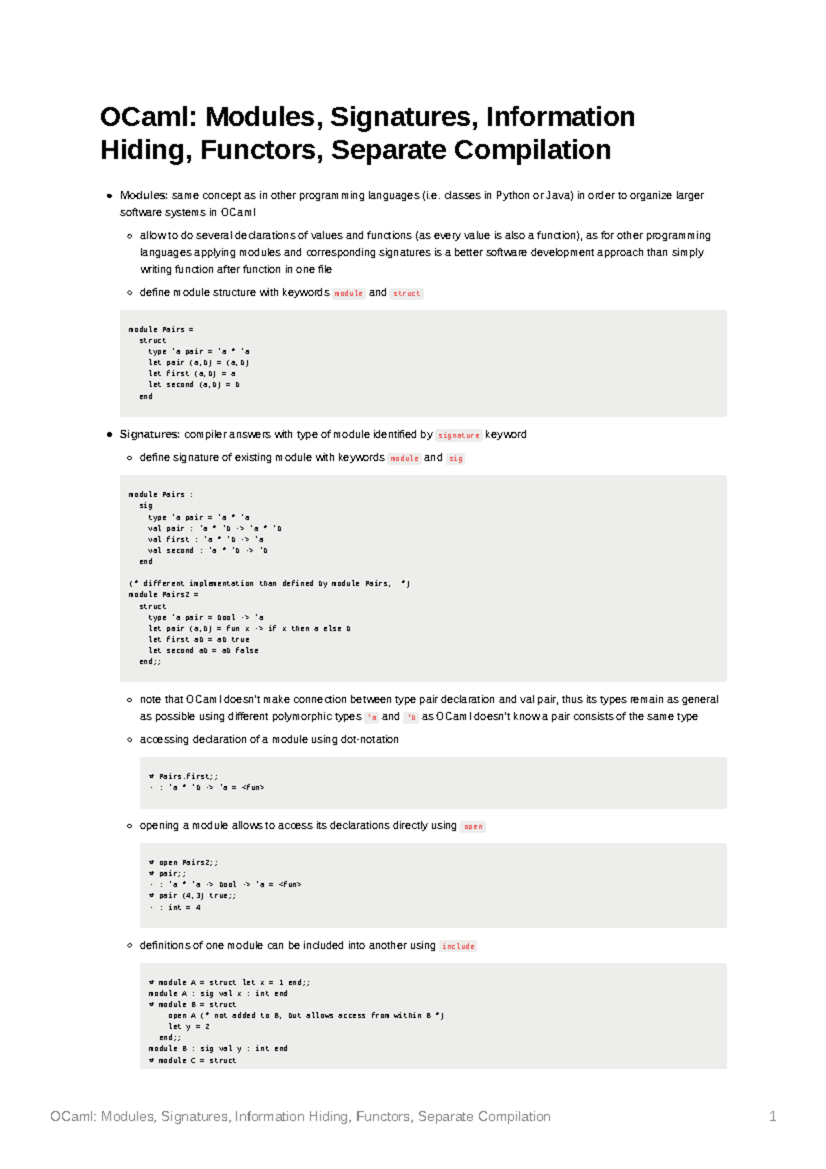 OCaml Modules Signatures Information Hiding Functors Separate ...