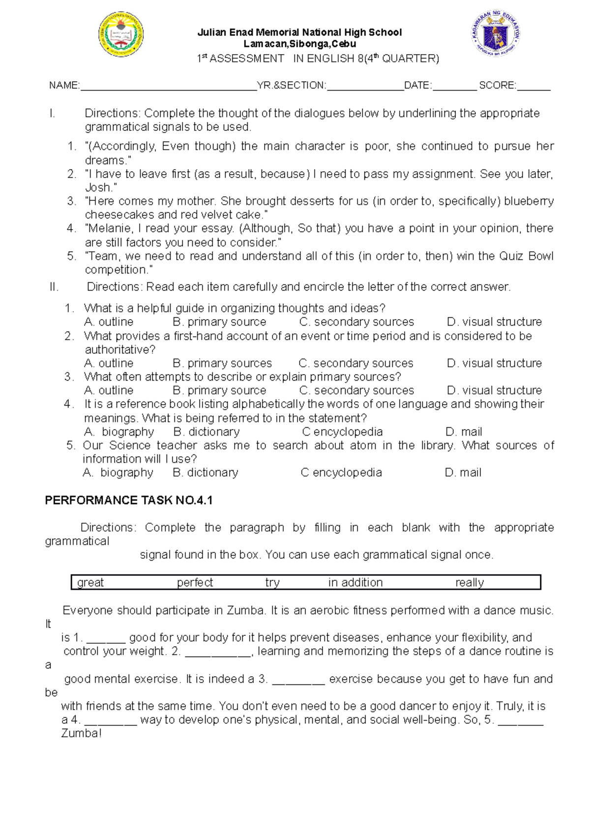 1st Assessment Test In English 8(4th Q) - Julian Enad Memorial National ...