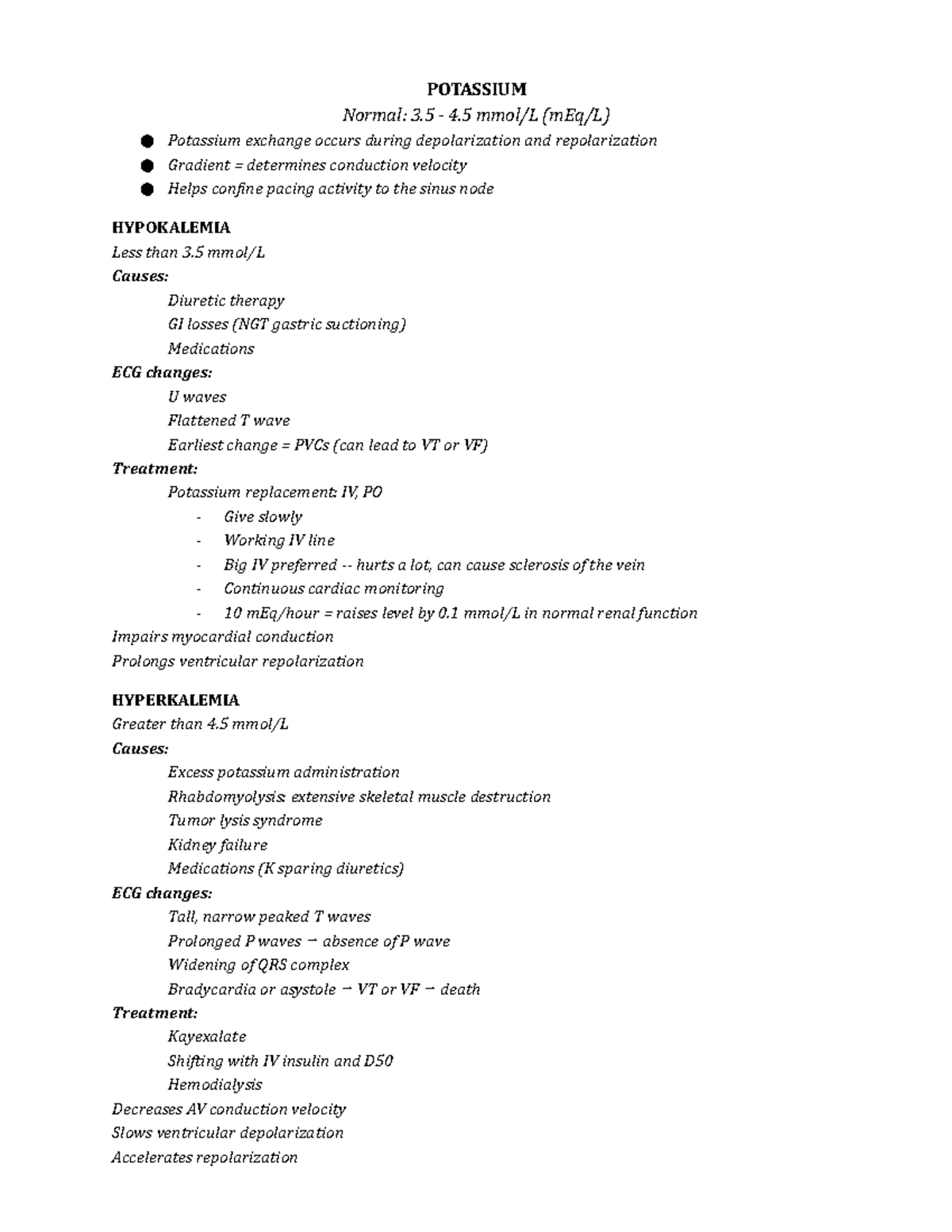 Electrolytes - POTASSIUM Normal: 3 - 4 mmol/L (mEq/L) Potassium ...