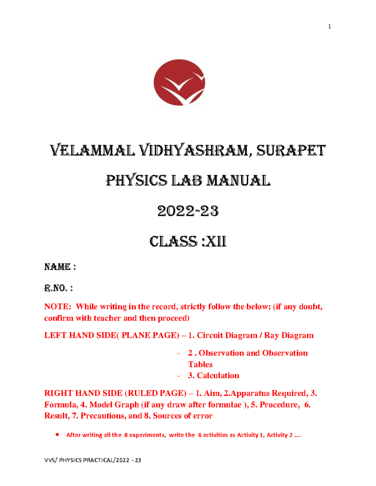 Physics Lab Manual - 2022-23 - Velammal vidhyashram, surapet Physics ...