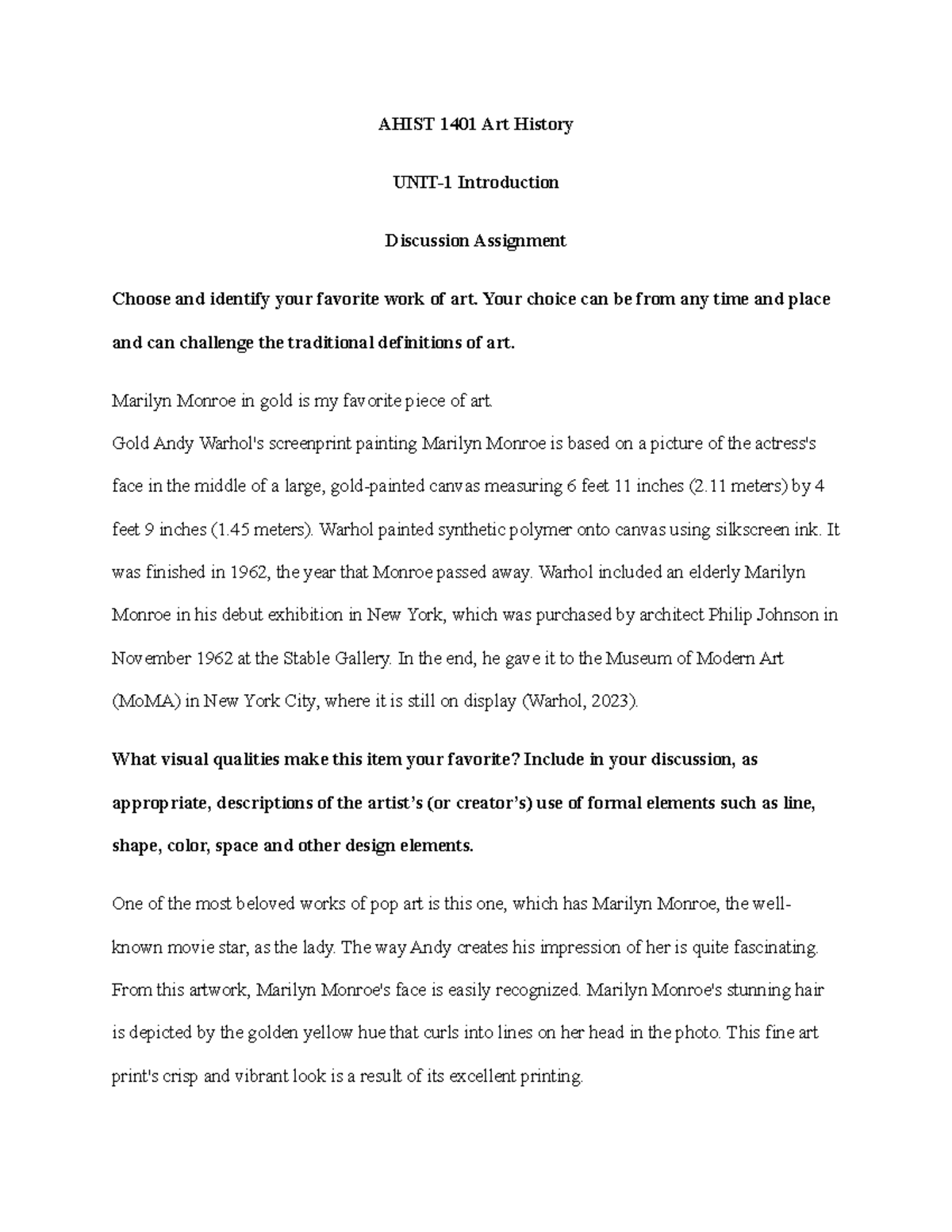 Ahist 1401 UNIT-1 Discussion Forum - AHIST 1401 Art History UNIT-1 Introduction Discussion - Studocu