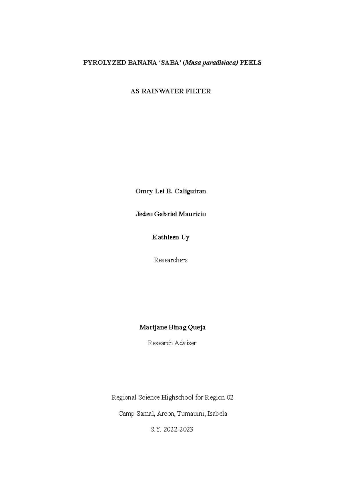Final Paper 20203 - hvvc - PYROLYZED BANANA ‘SABA’ (Musa paradisiaca ...
