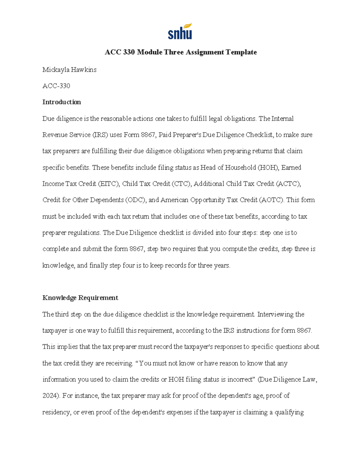 ACC 330 Module Three Assignment Template Completed - ACC 330 Module Three Assignment Template ...