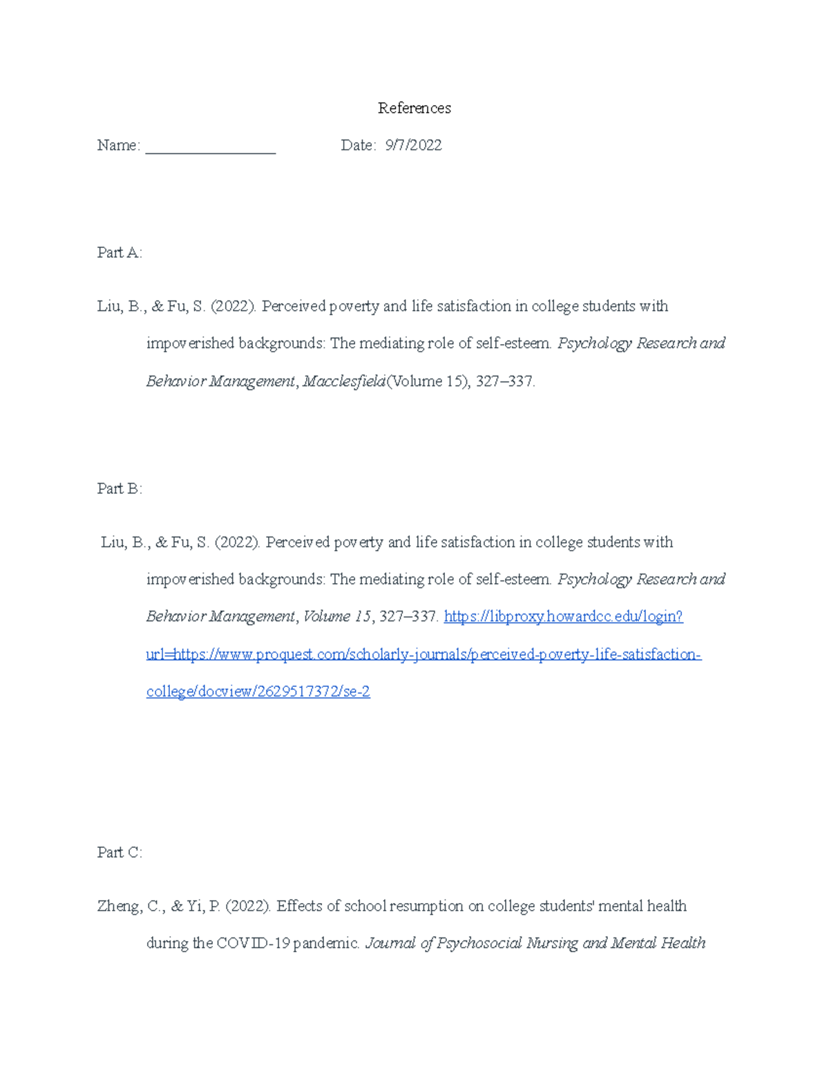 APA Assignment - homework - References Name: ________________ Date: 9/7 ...