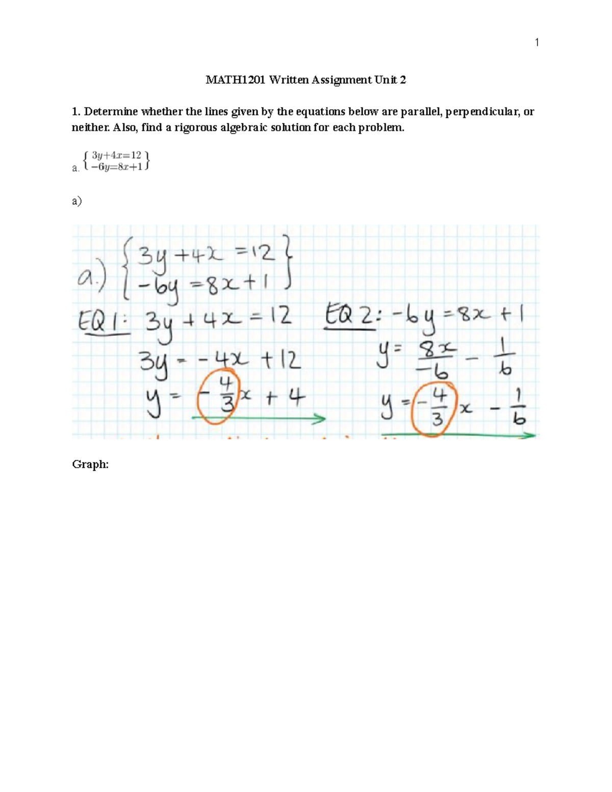 MATH1201 Written Assignment Unit 2 - Determine whether the lines given by the equations below ...