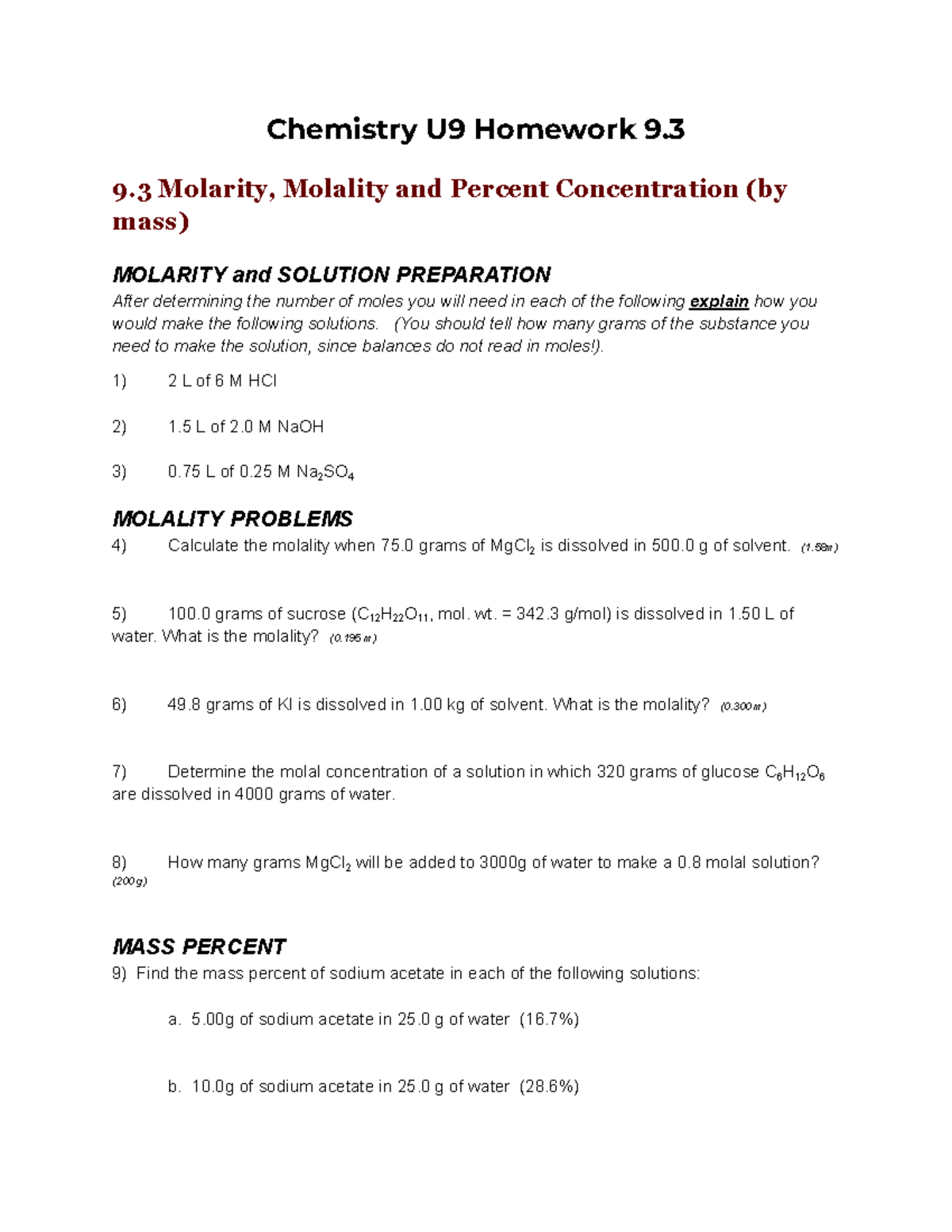U9 HW 9.3 Molarity, Molality and Percent Concentration by Mass ...
