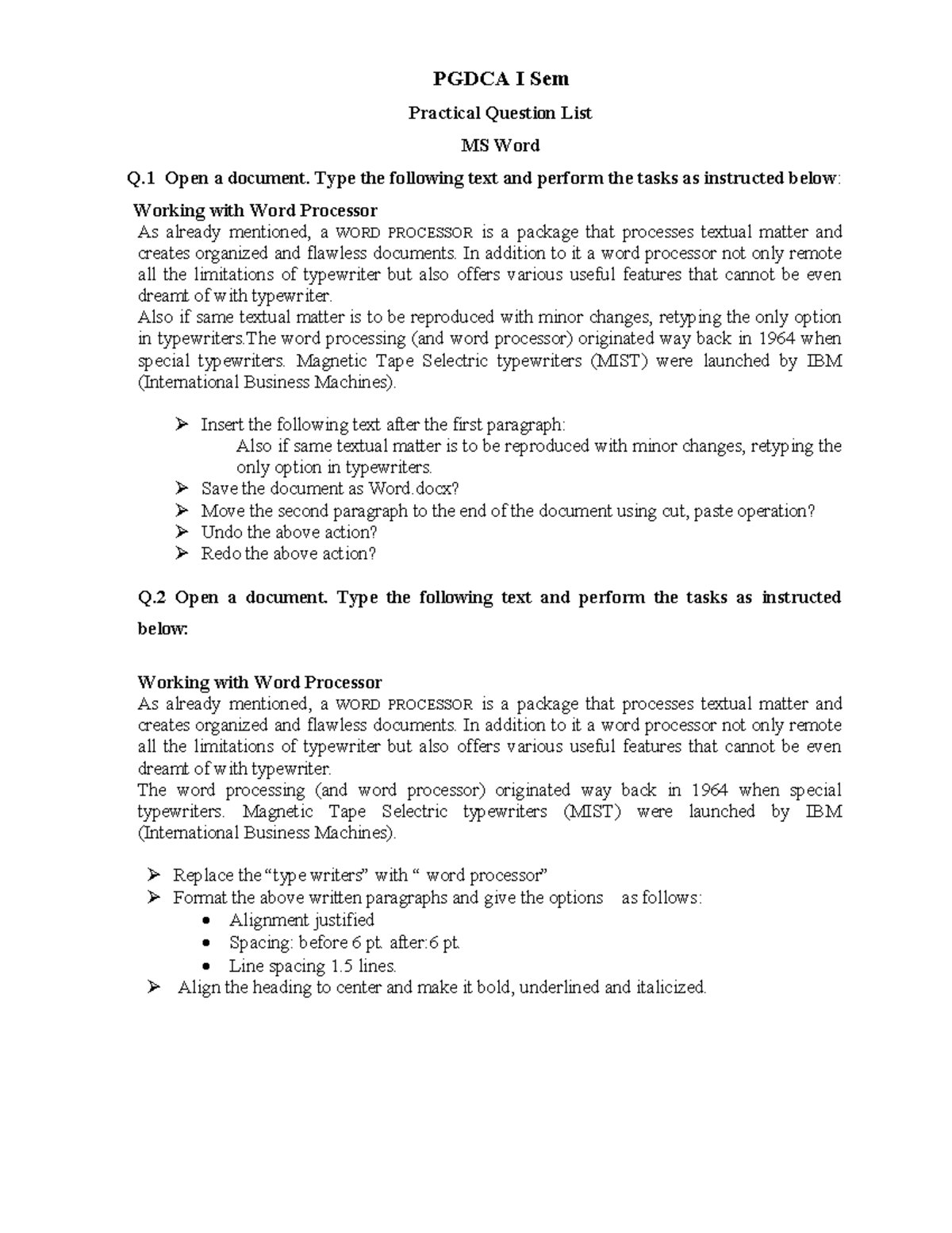 Pgdca I Sem Final Question List Updated Pgdca I Sem Practical Question List Ms Word Q Open A